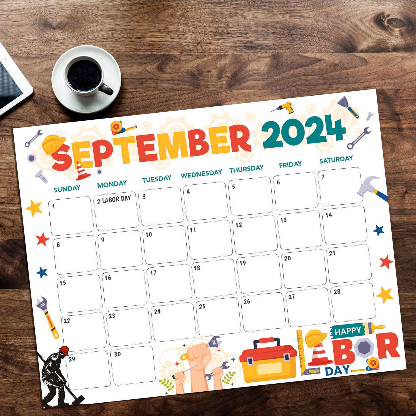 September 2024 Calendar with Labor Day Theme - Posh Park