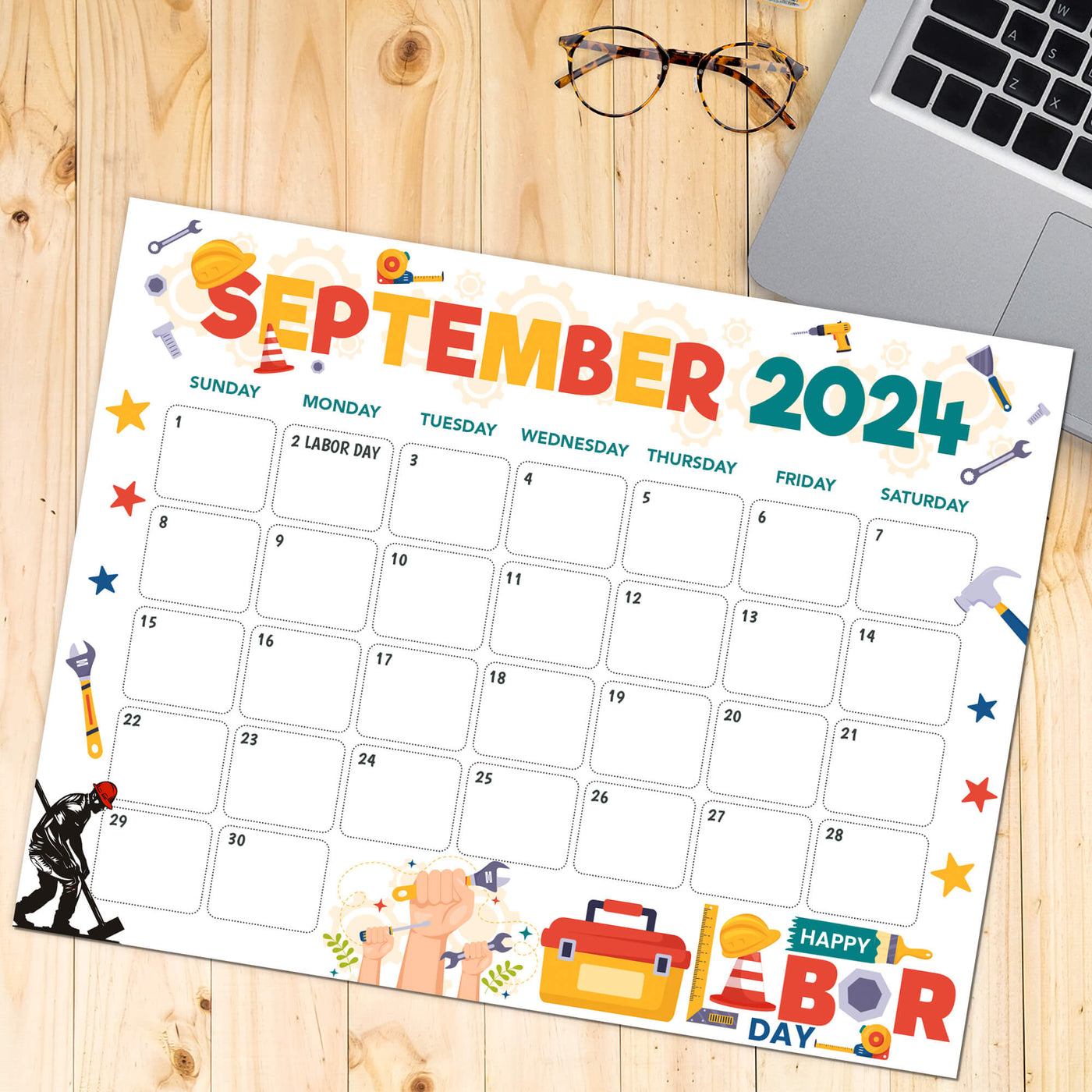 September 2024 Calendar with Labor Day Theme - Posh Park