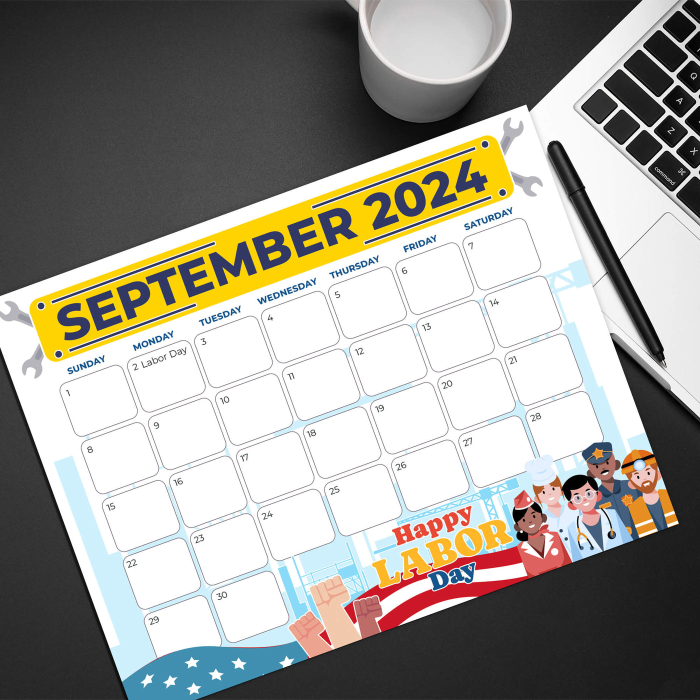 Festive Labor Day September 2024 Printable Calendar - Posh Park