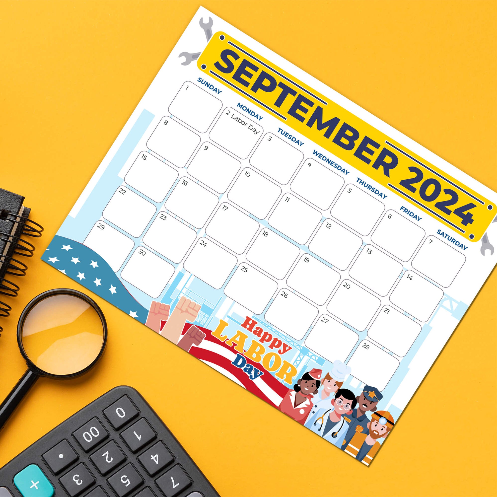 Festive Labor Day September 2024 Printable Calendar - Posh Park