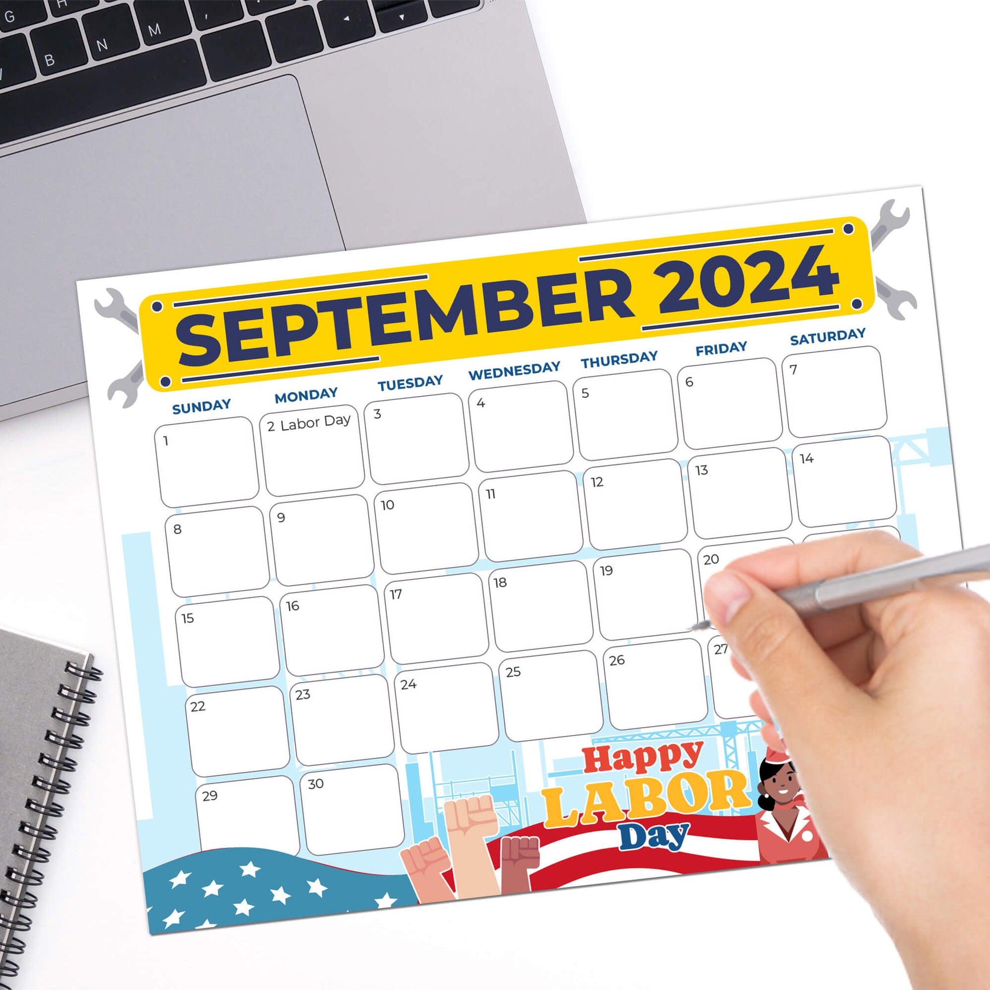 Festive Labor Day September 2024 Printable Calendar - Posh Park