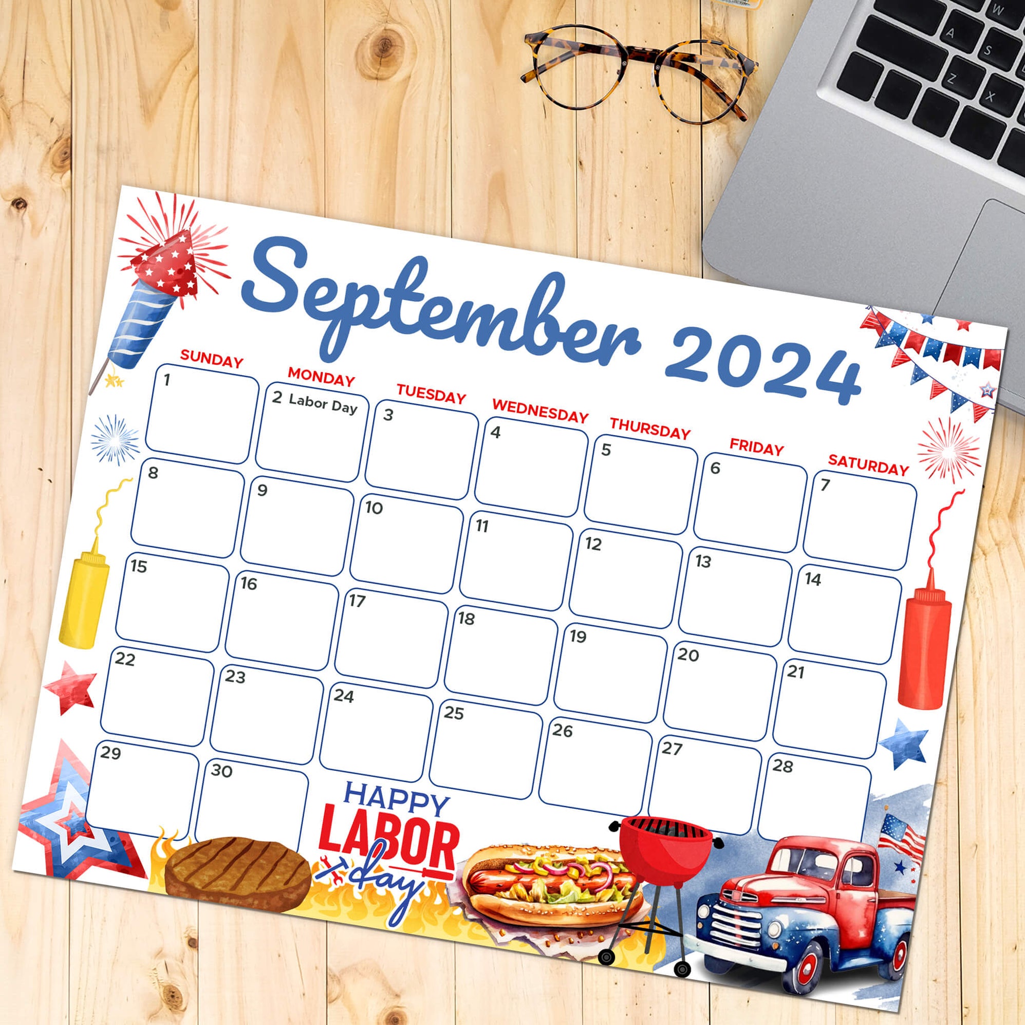 Printable September 2024 Calendar for Labor Day BBQ Cookout - Posh Park