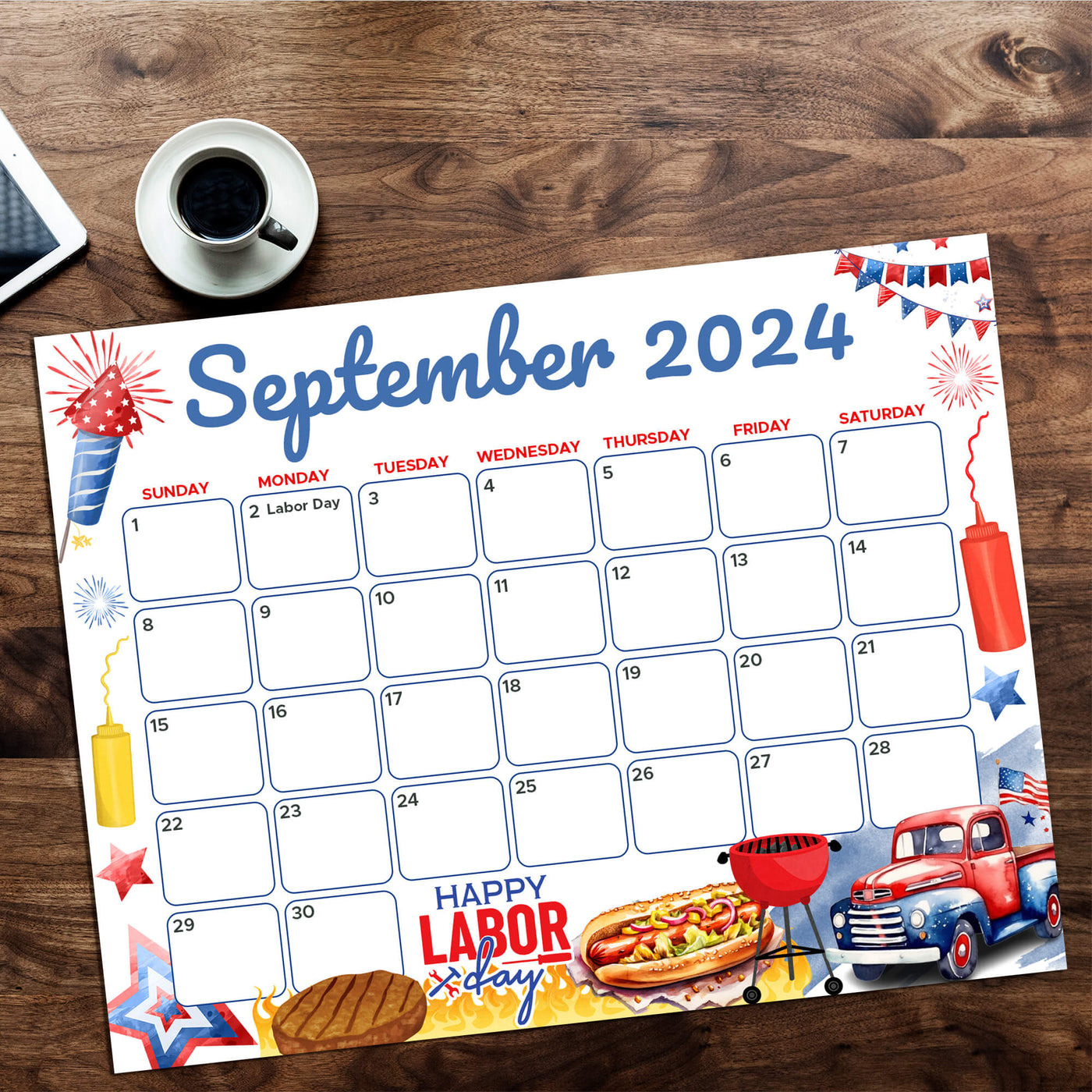Printable September 2024 Calendar for Labor Day BBQ Cookout - Posh Park