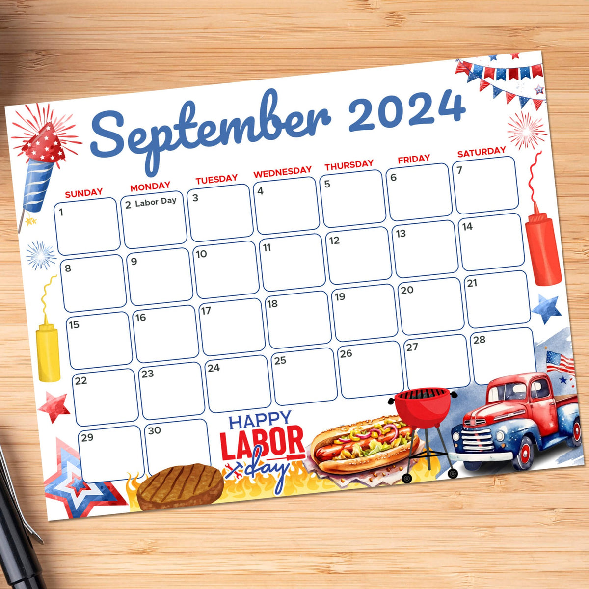 Printable September 2024 Calendar for Labor Day BBQ Cookout - Posh Park
