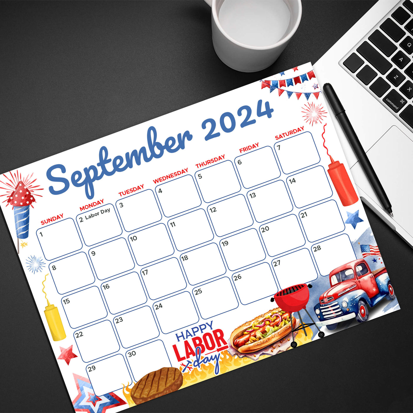 Printable September 2024 Calendar for Labor Day BBQ Cookout - Posh Park