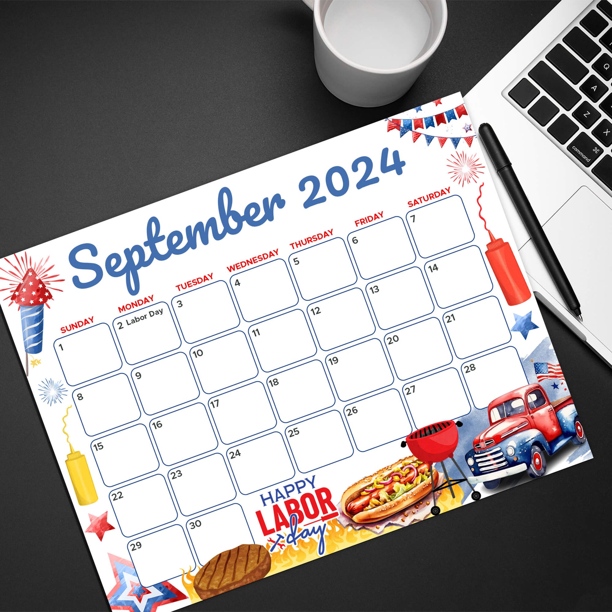 Printable September 2024 Calendar for Labor Day BBQ Cookout - Posh Park