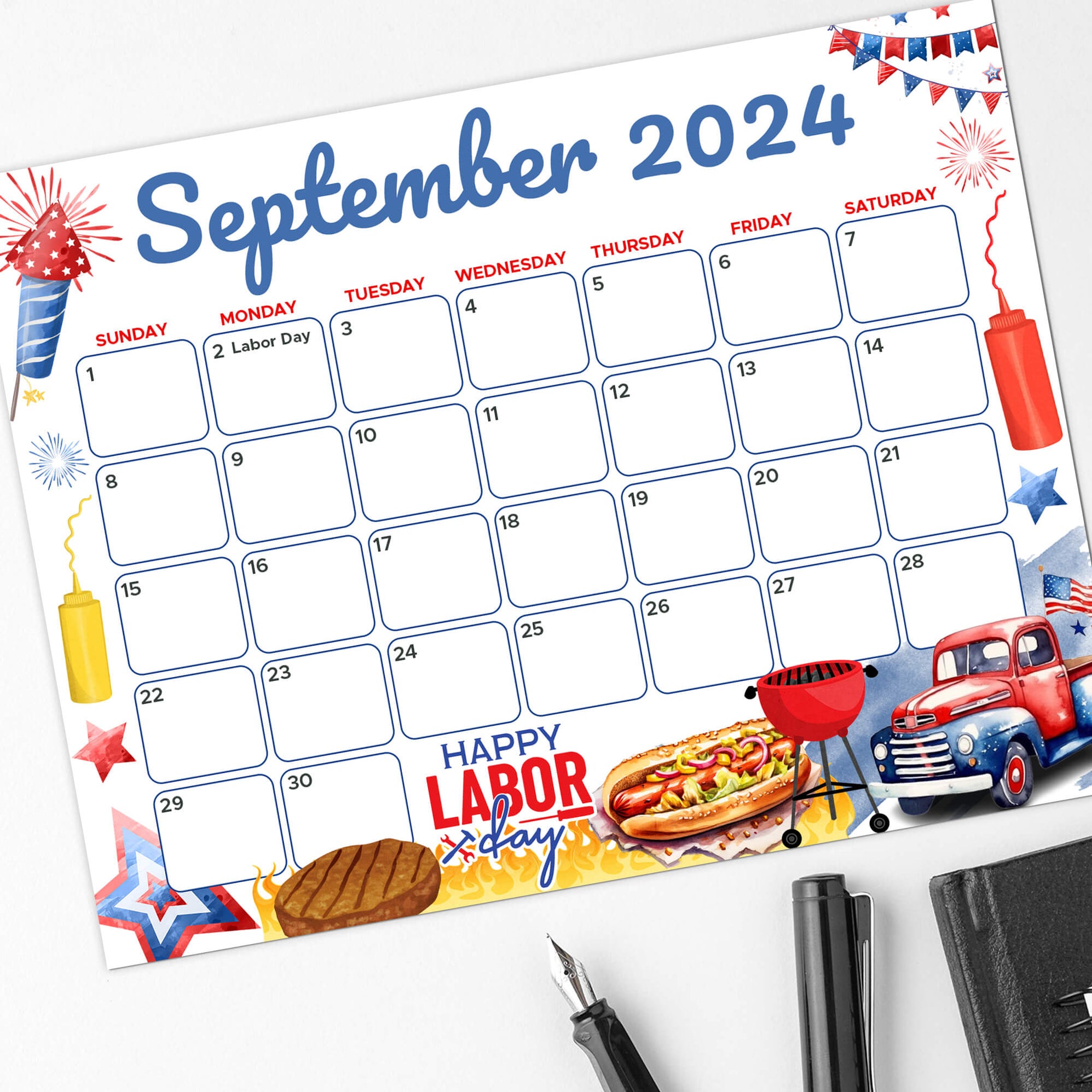 Printable September 2024 Calendar for Labor Day BBQ Cookout - Posh Park
