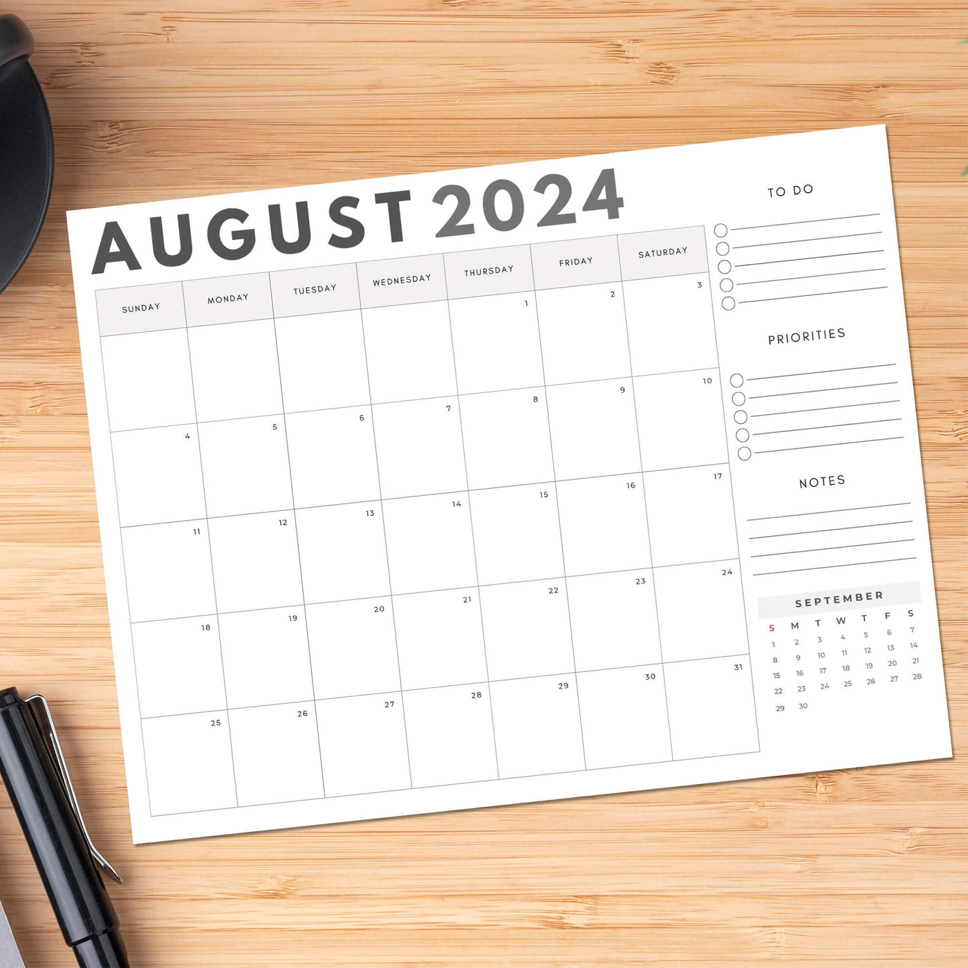 PDF 2024 August Minimalist Calendar | Printable Elegant Blank Monthly ...
