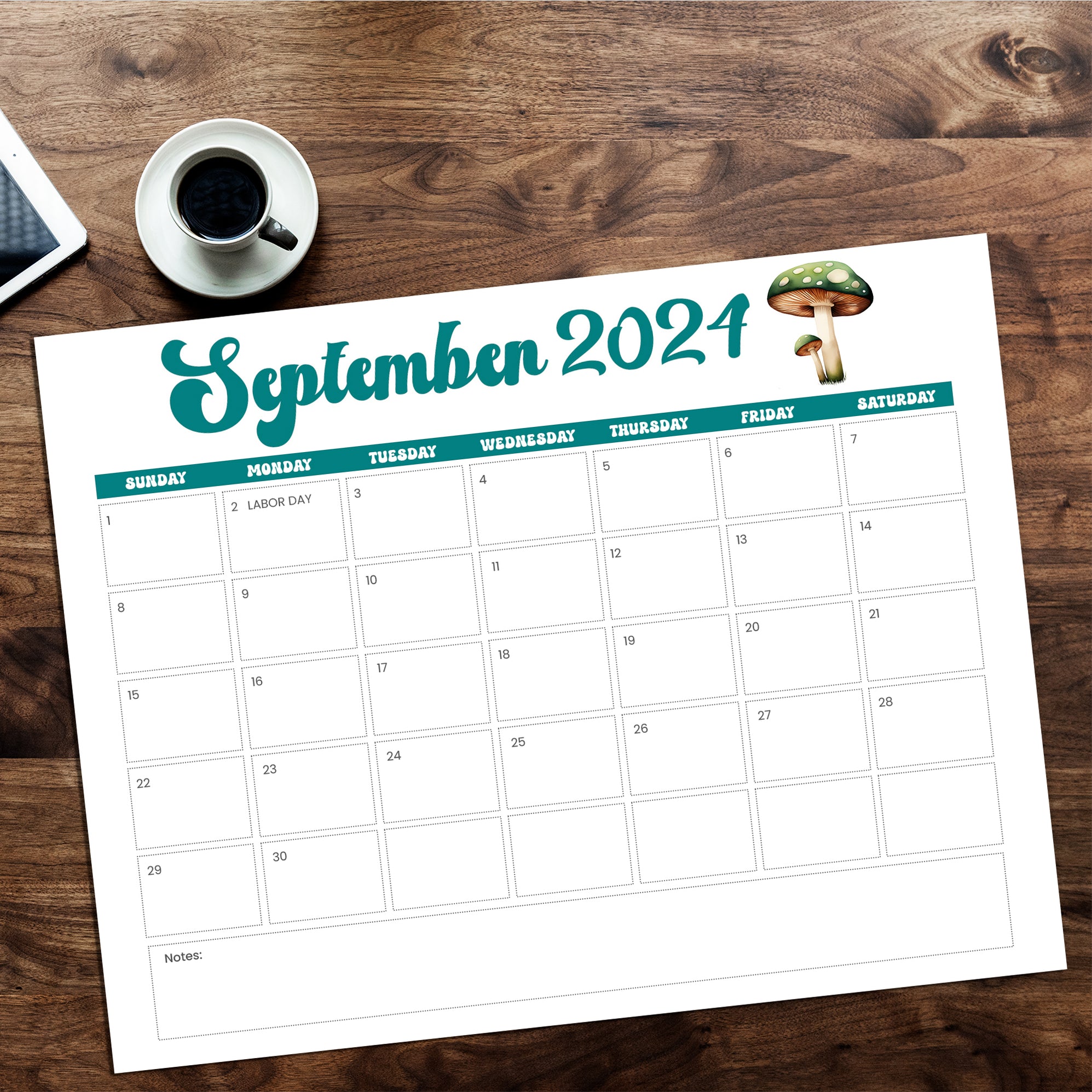 Modern Minimalist Retro Printable Calendar September 2024 - Posh Park