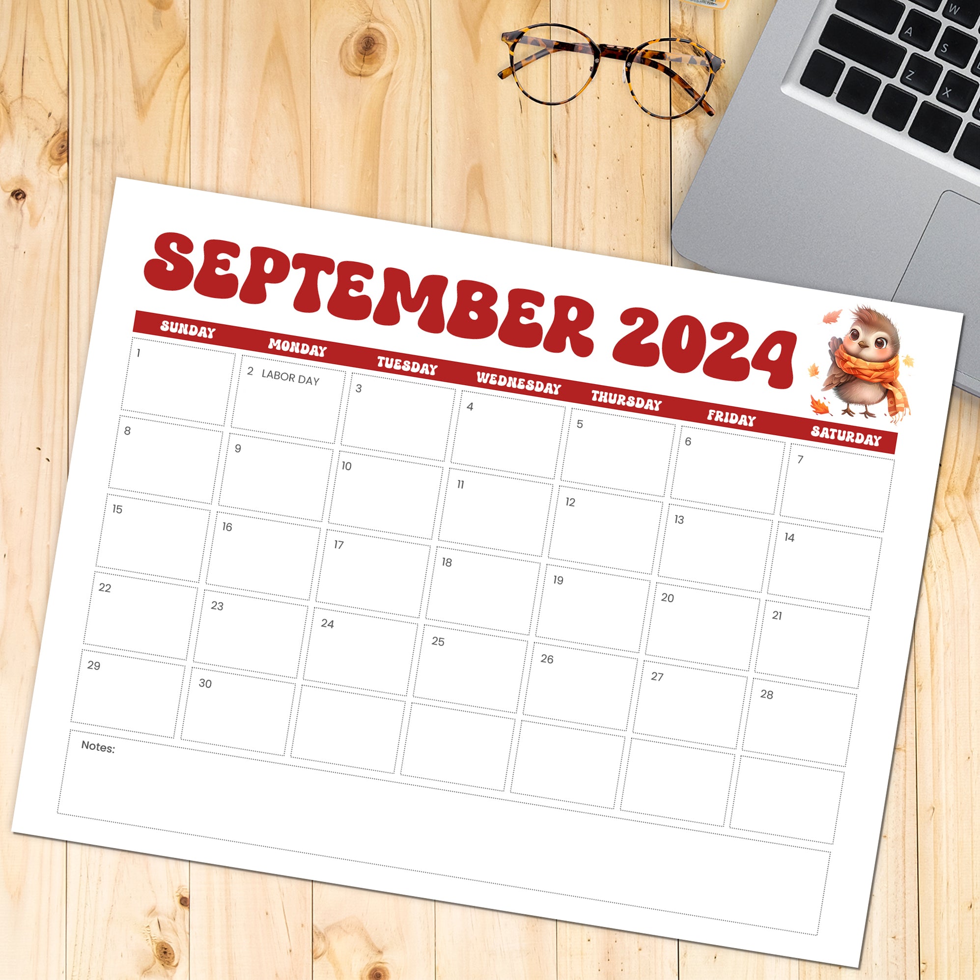 September 2024 Calendar with Minimalist Retro Design - Posh Park