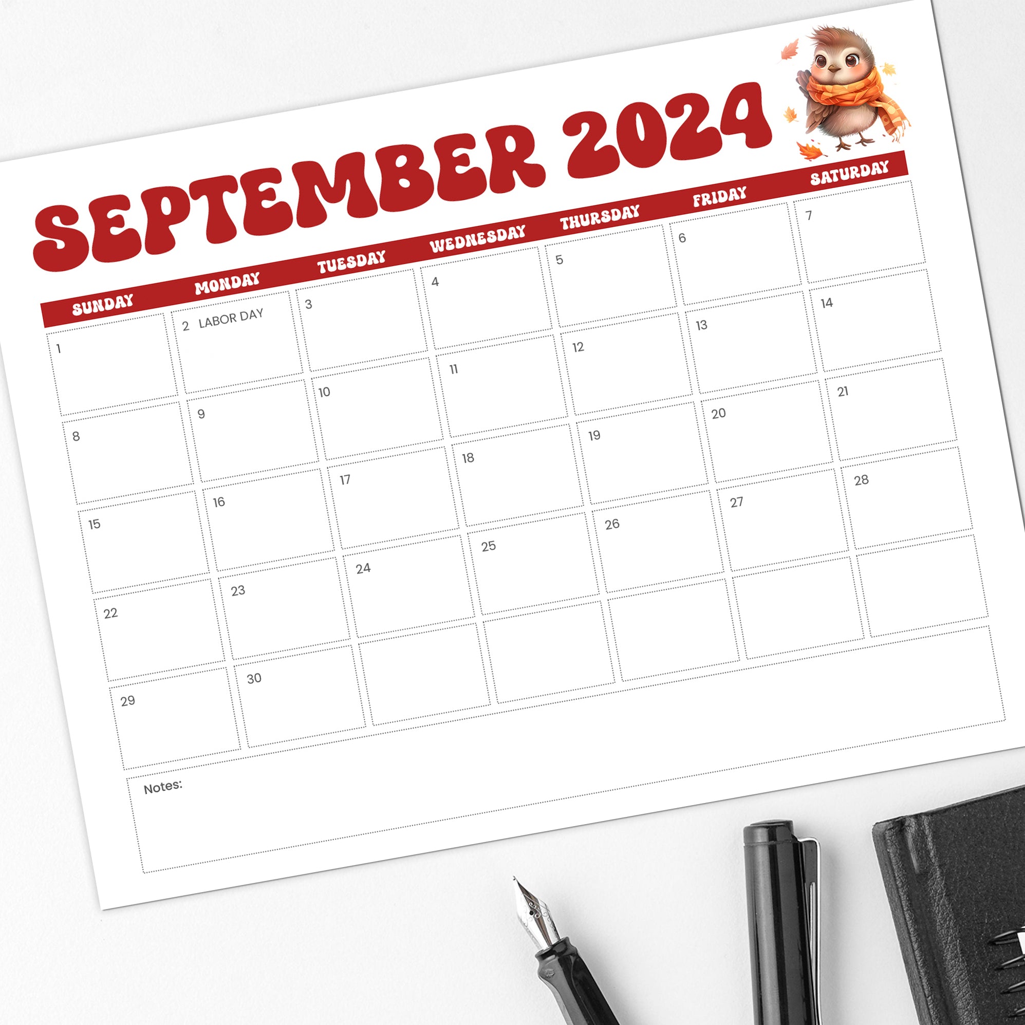 September 2024 Calendar with Minimalist Retro Design - Posh Park