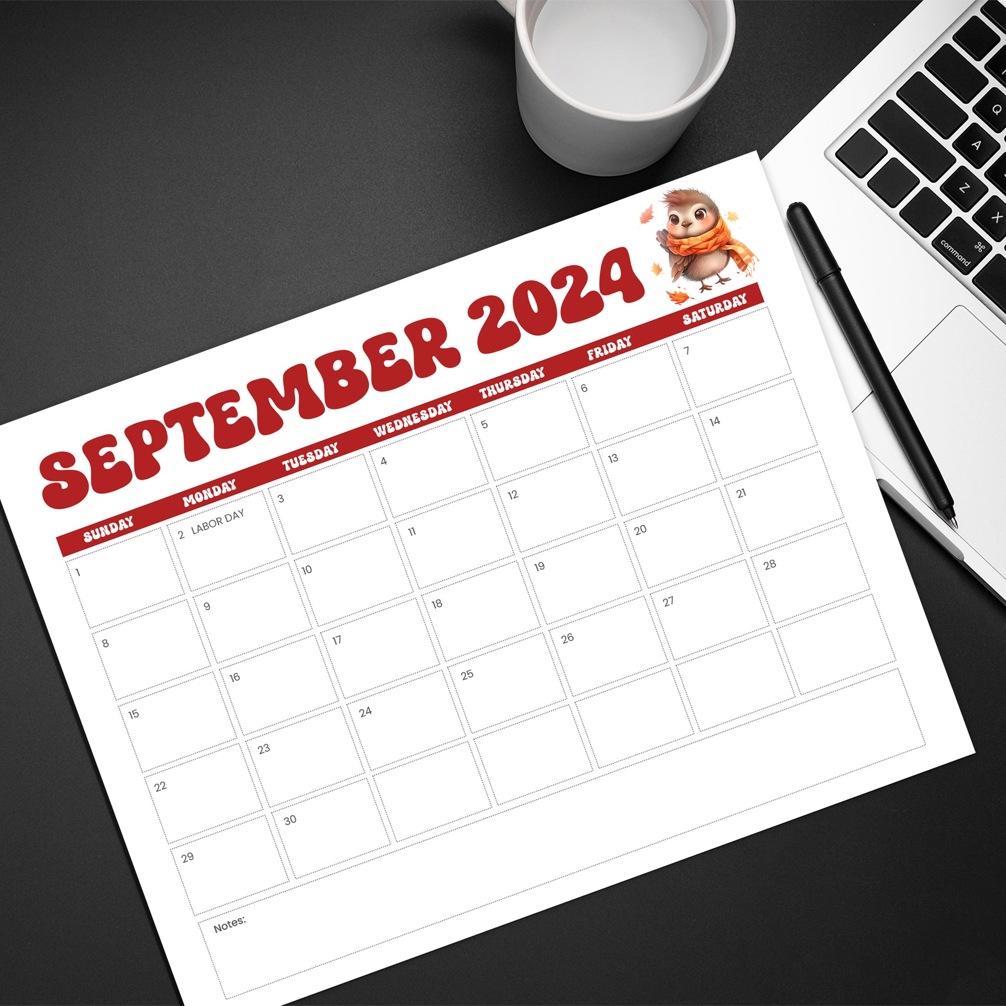 September 2024 Calendar with Minimalist Retro Design - Posh Park