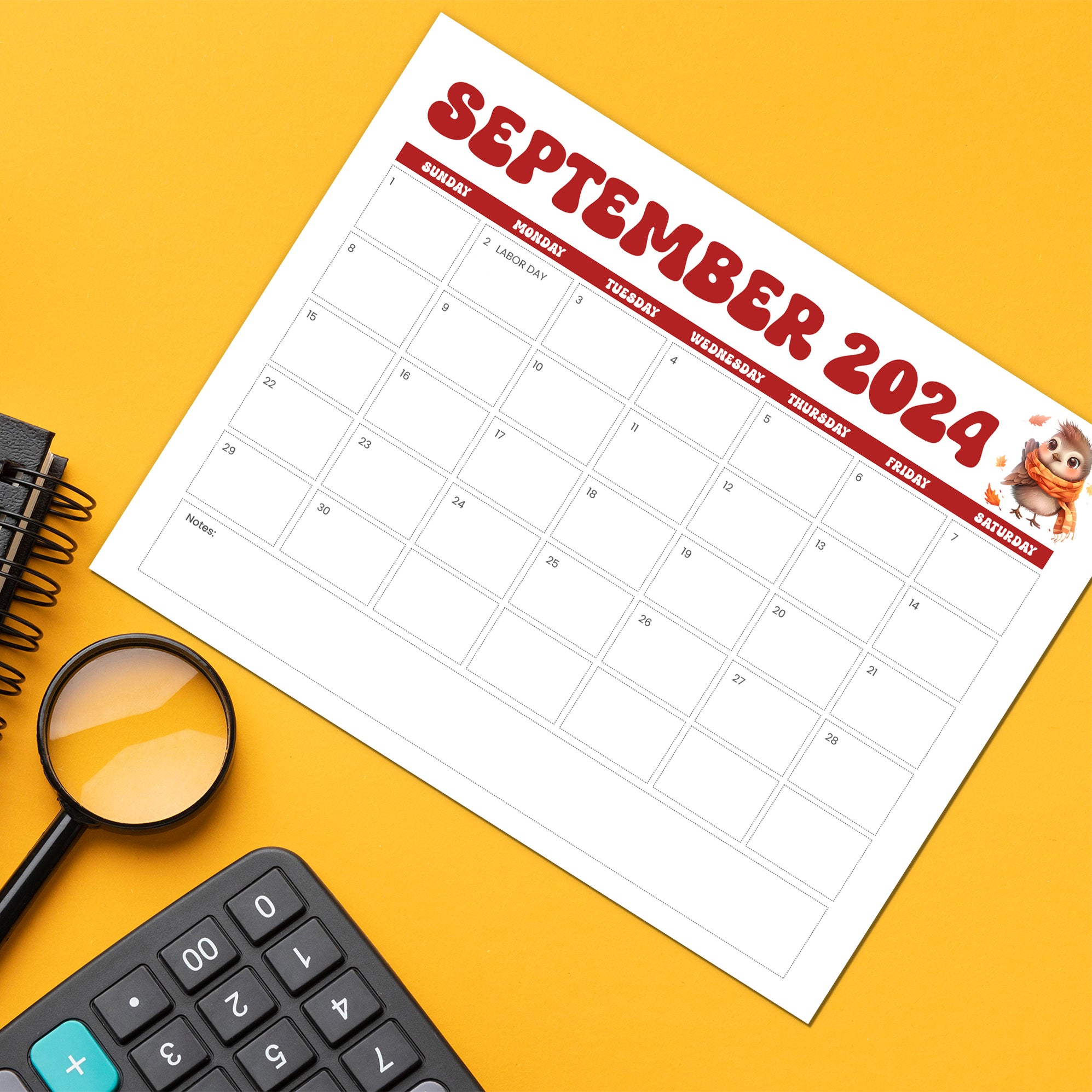 September 2024 Calendar with Minimalist Retro Design - Posh Park