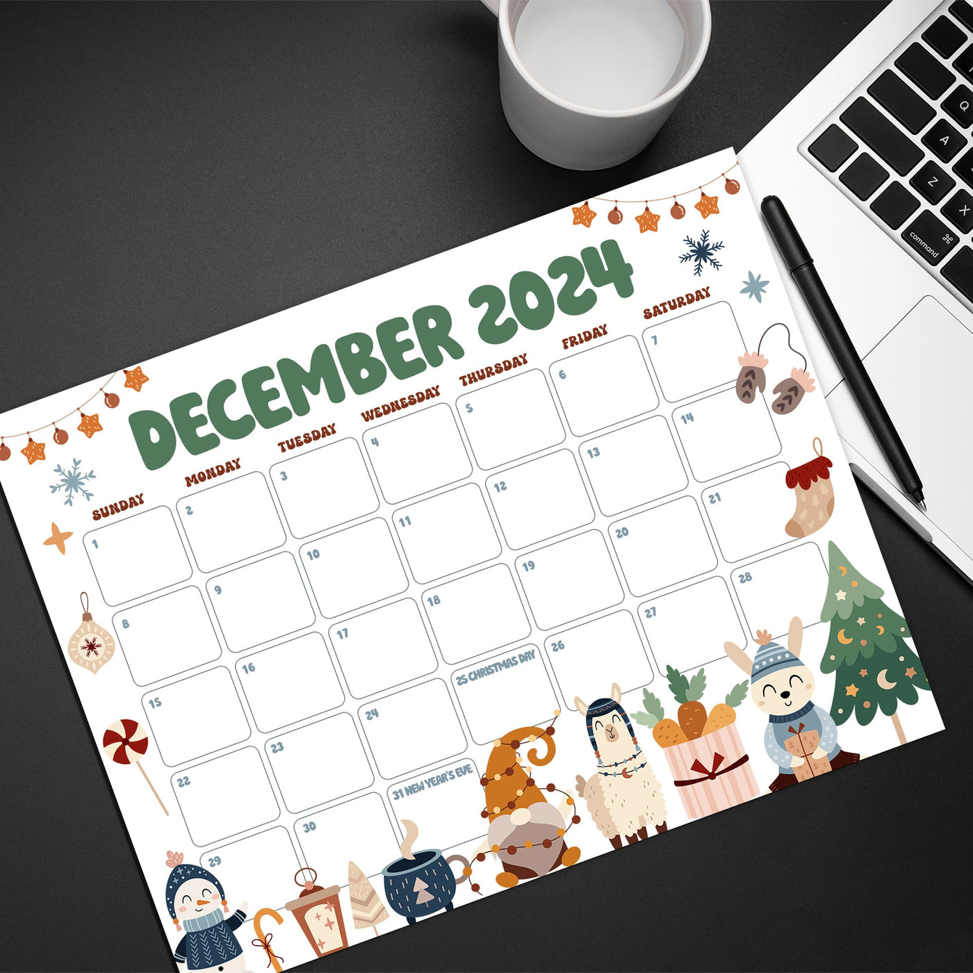 Retro December Calendar with Cute Design Printable - Posh Park