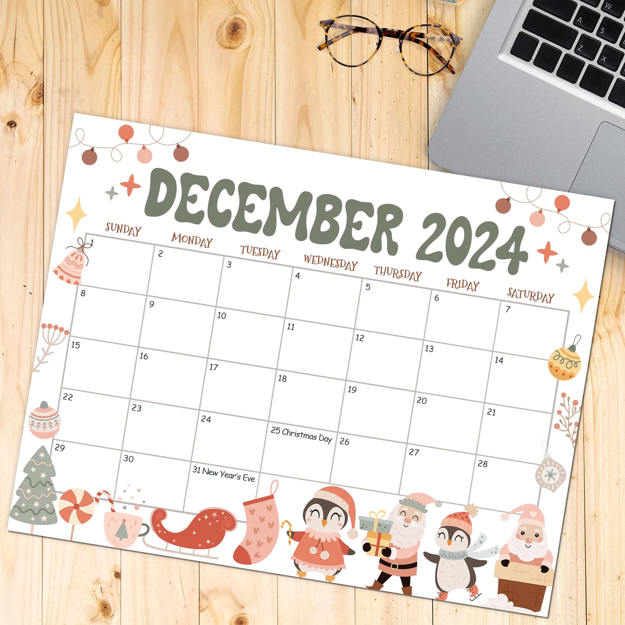 Printable Cute December Calendar with Retro Style - Posh Park