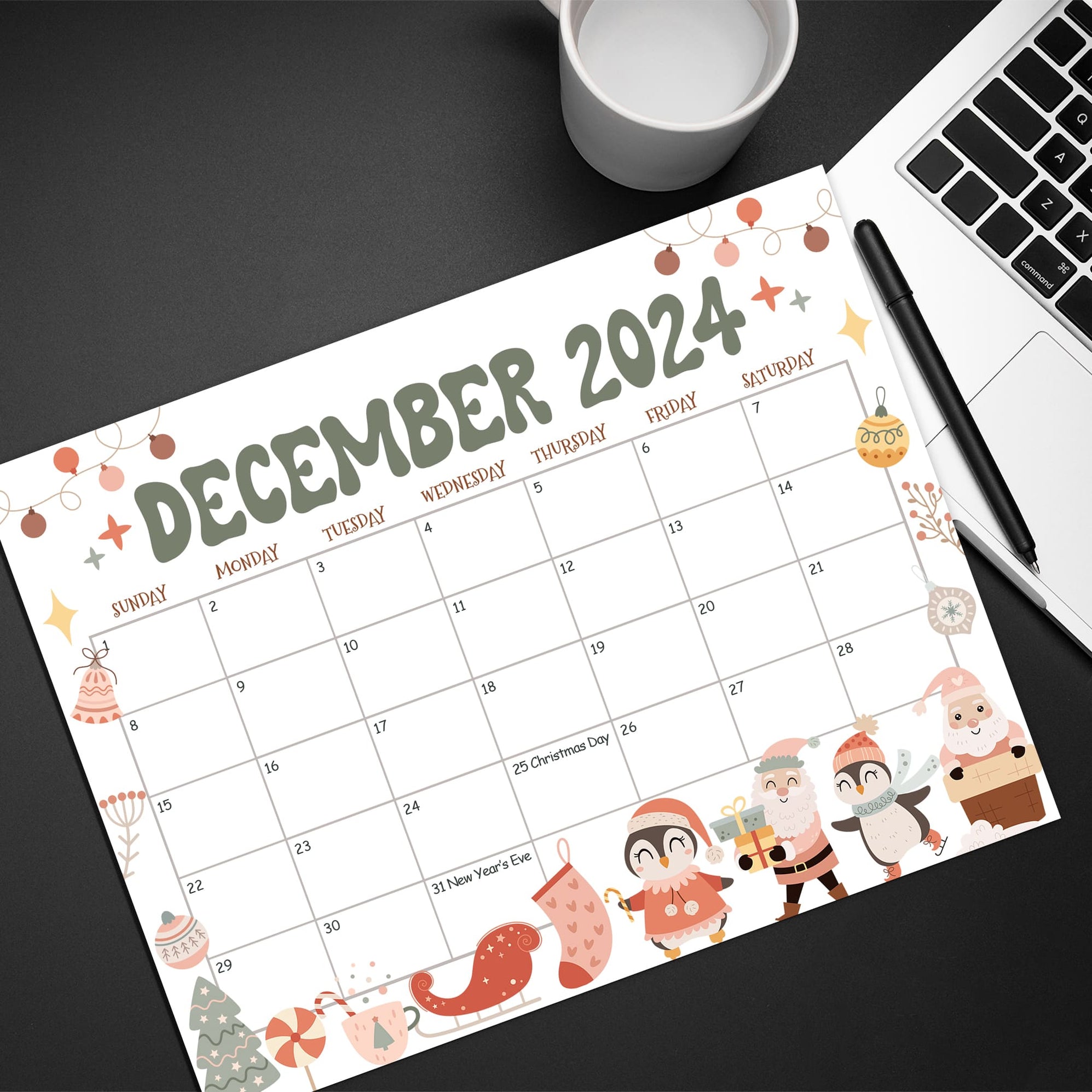 Printable Cute December Calendar with Retro Style - Posh Park