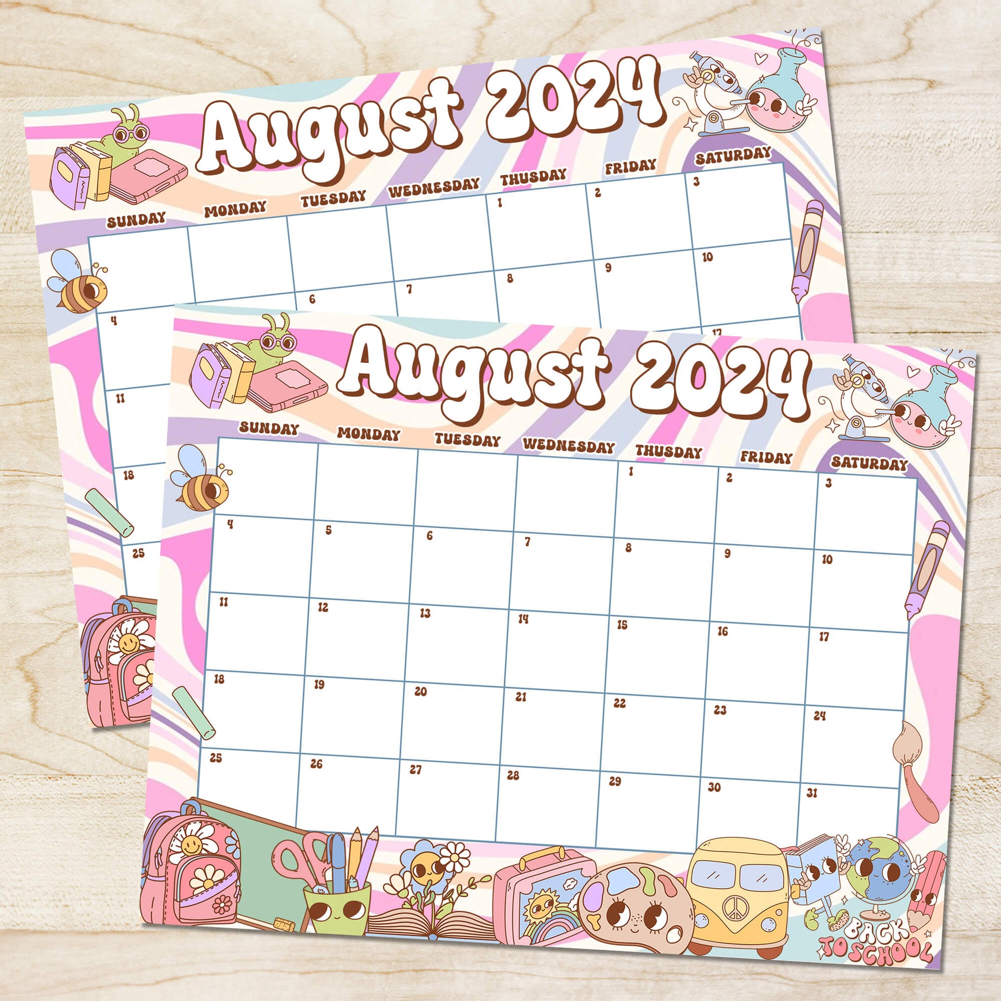 PDF Retro Vibe Back To School August 2024 Calendar | Printable Classic ...