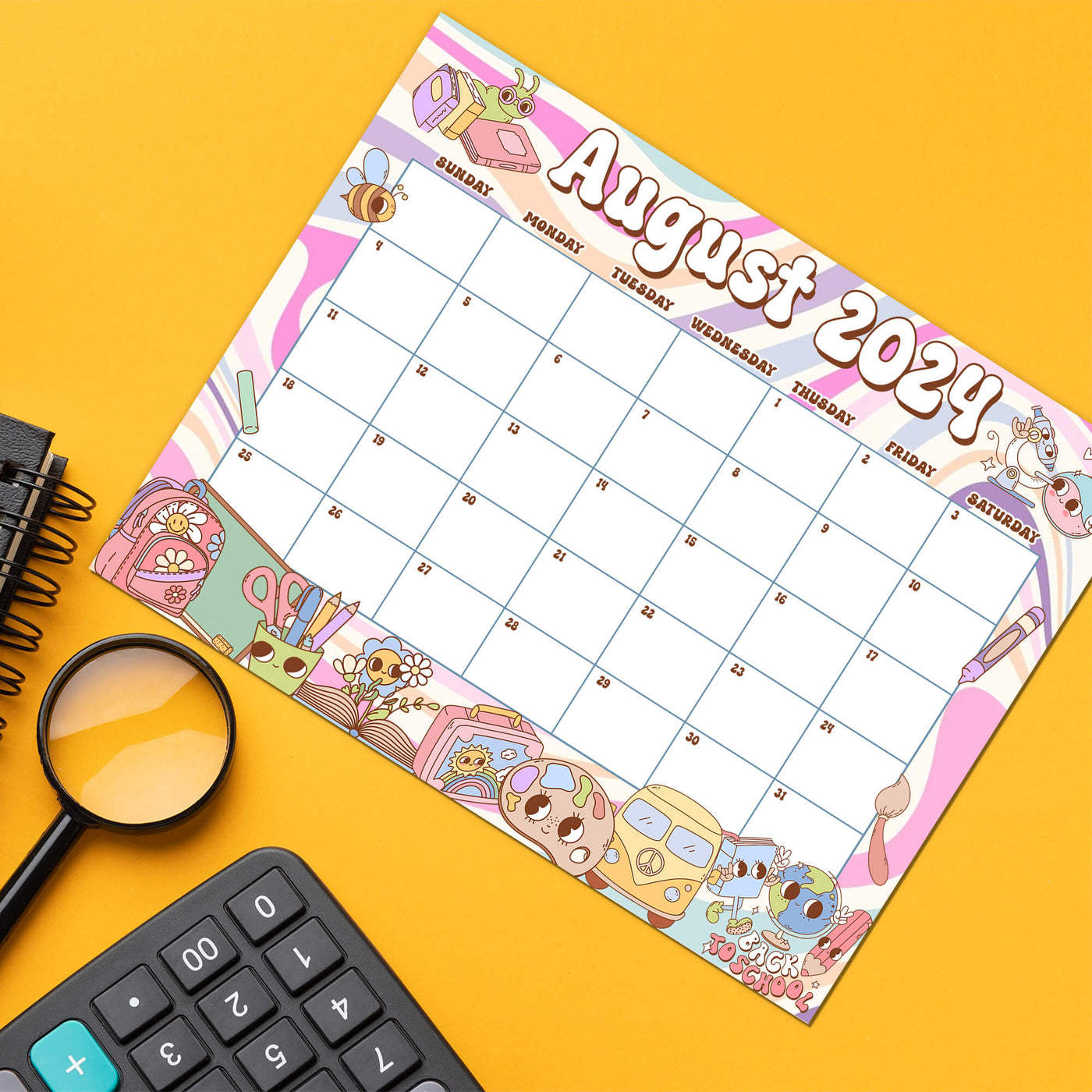 PDF Retro Vibe Back To School August 2024 Calendar | Printable Classic ...