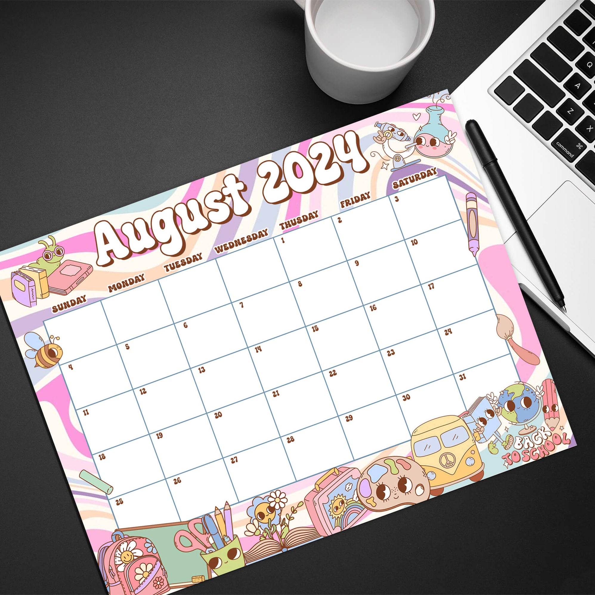 PDF Retro Vibe Back To School August 2024 Calendar | Printable Classic ...