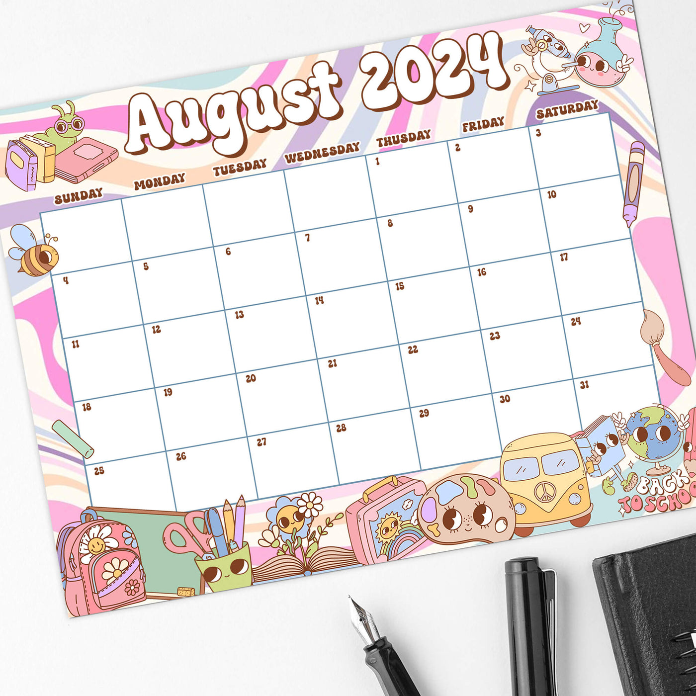 PDF Retro Vibe Back To School August 2024 Calendar | Printable Classic ...
