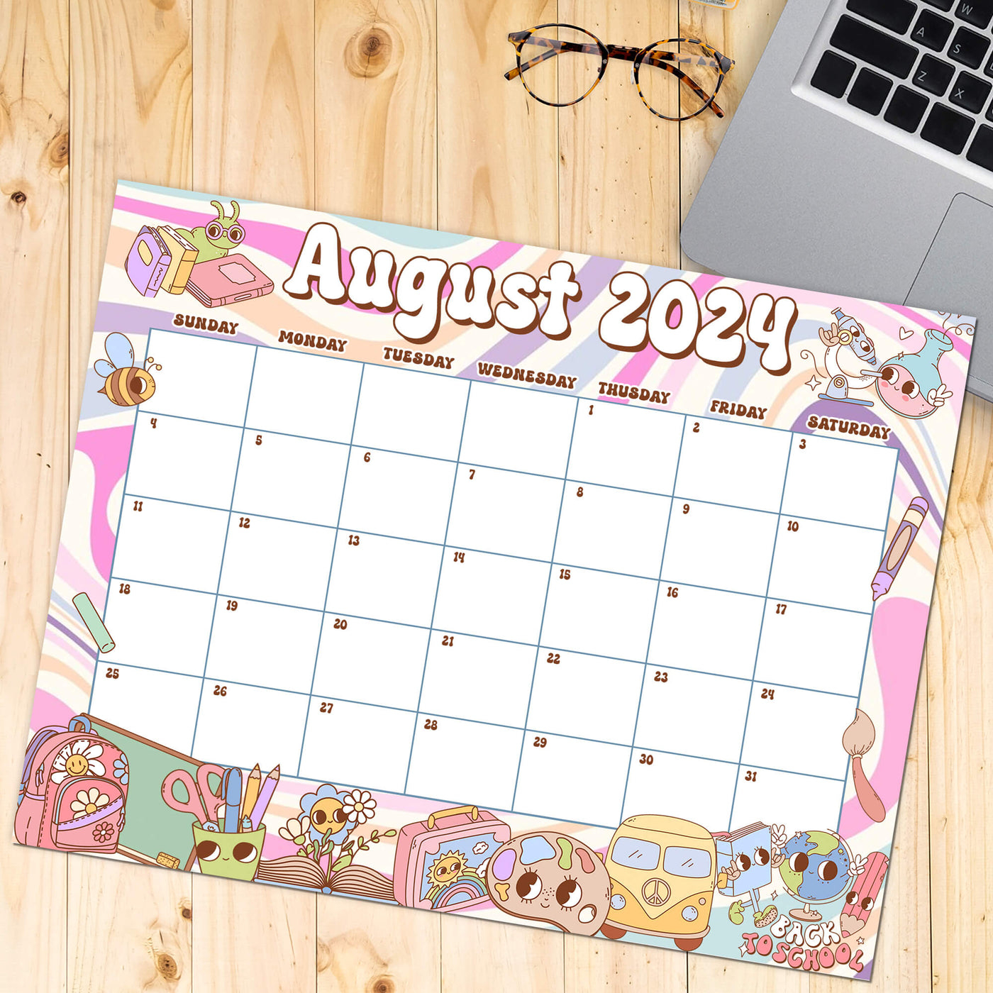 PDF Retro Vibe Back To School August 2024 Calendar | Printable Classic ...