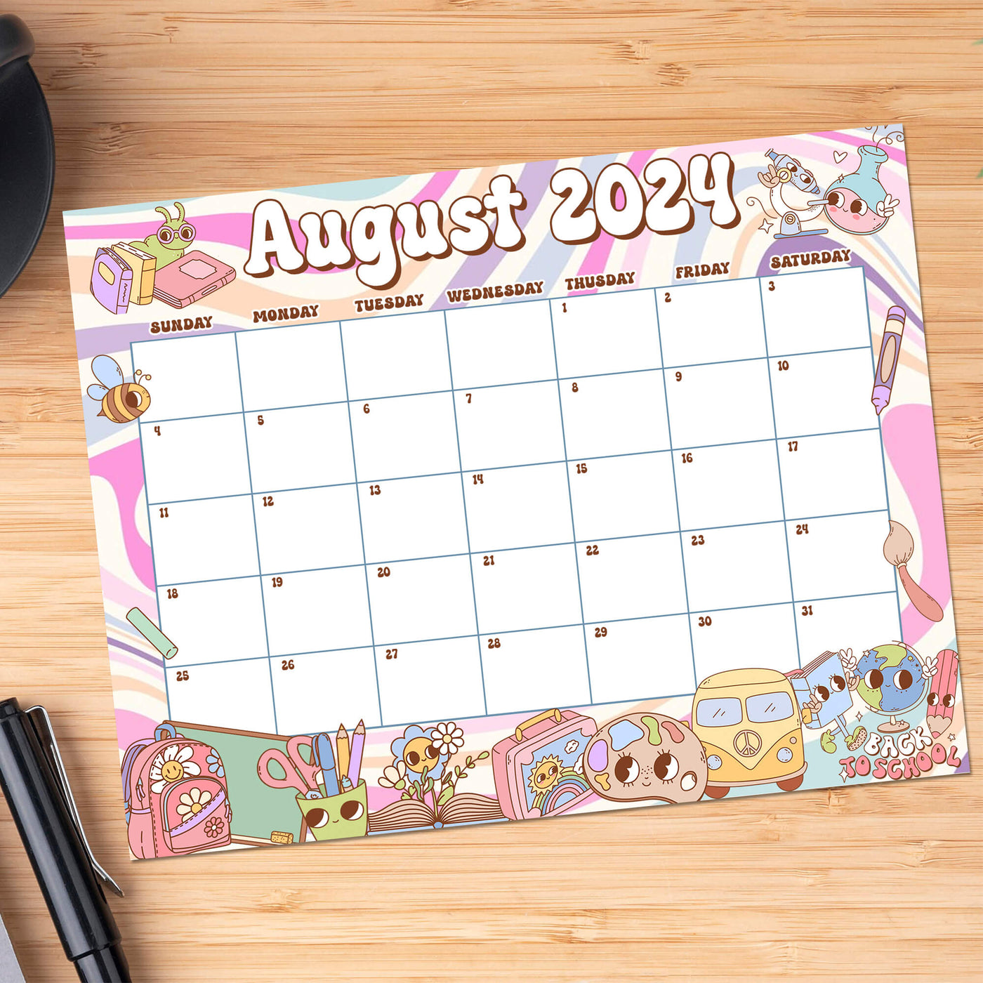 PDF Retro Vibe Back To School August 2024 Calendar | Printable Classic ...