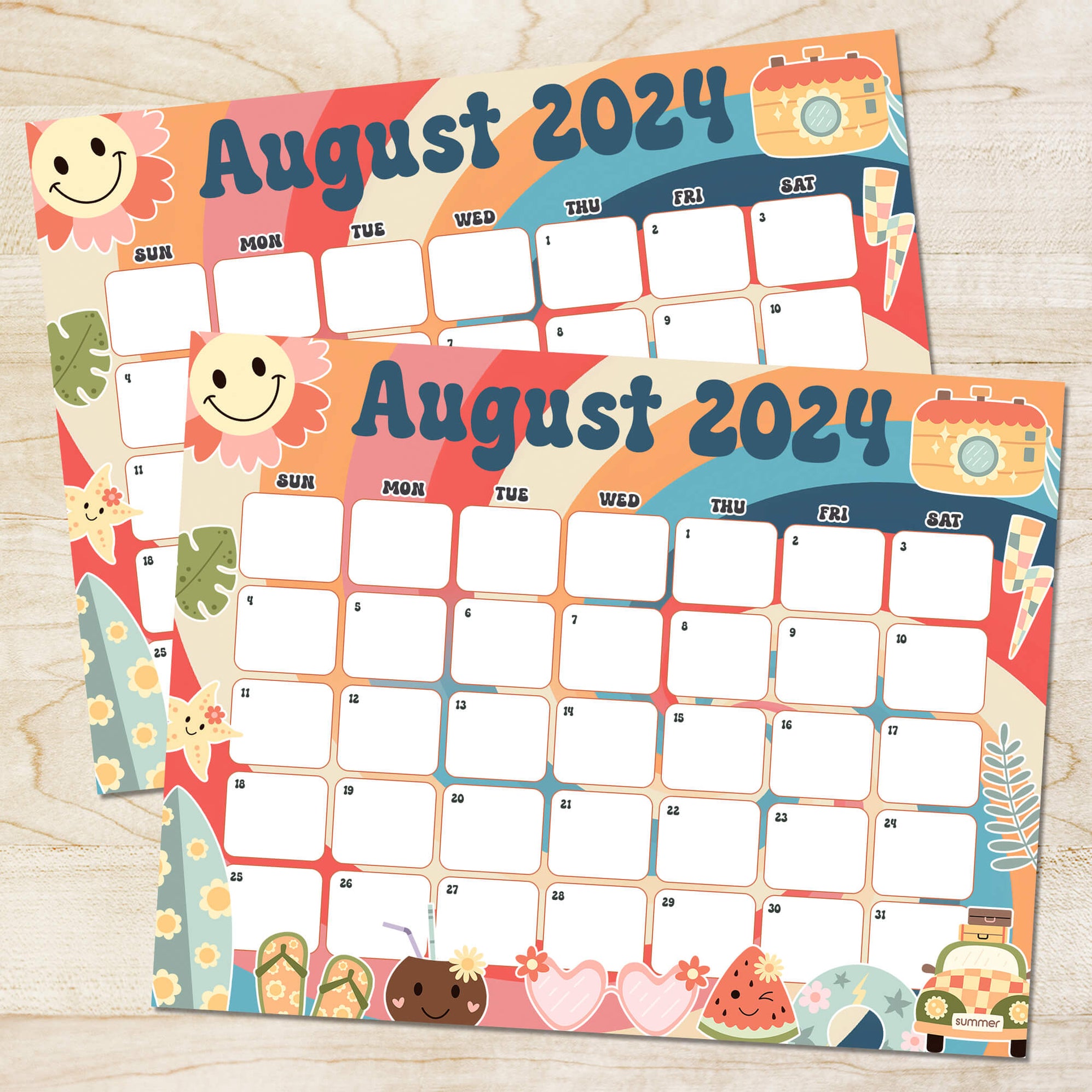 PDF Retro Summer Theme August 2024 Calendar | Printable Vintage Summer ...