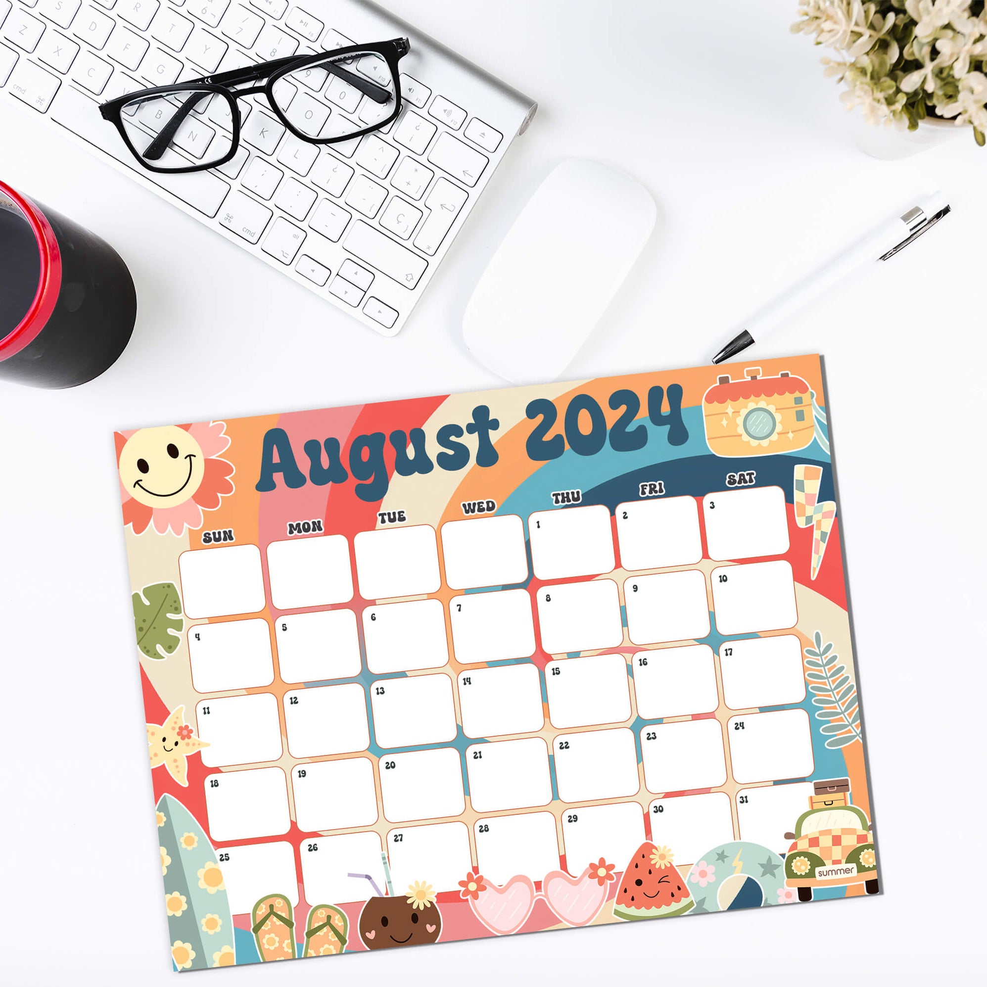 PDF Retro Summer Theme August 2024 Calendar | Printable Vintage Summer ...