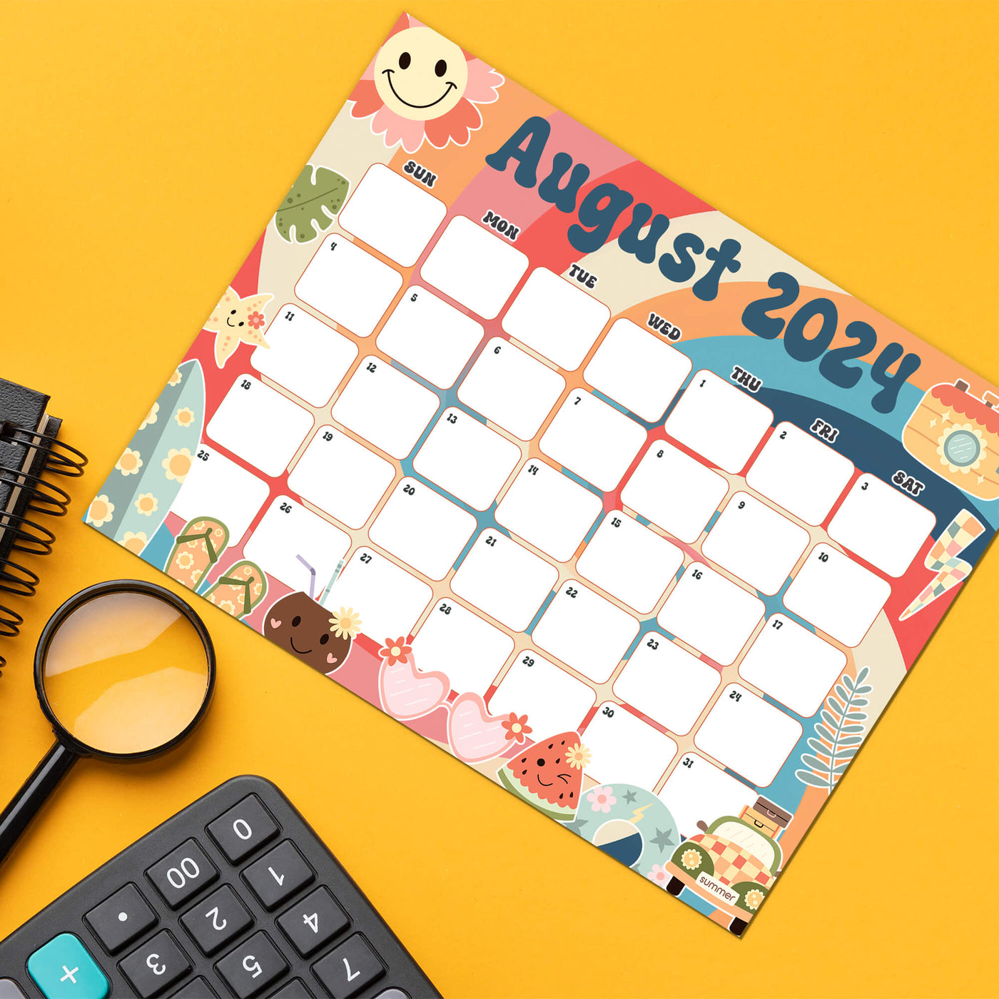 PDF Retro Summer Theme August 2024 Calendar | Printable Vintage Summer ...