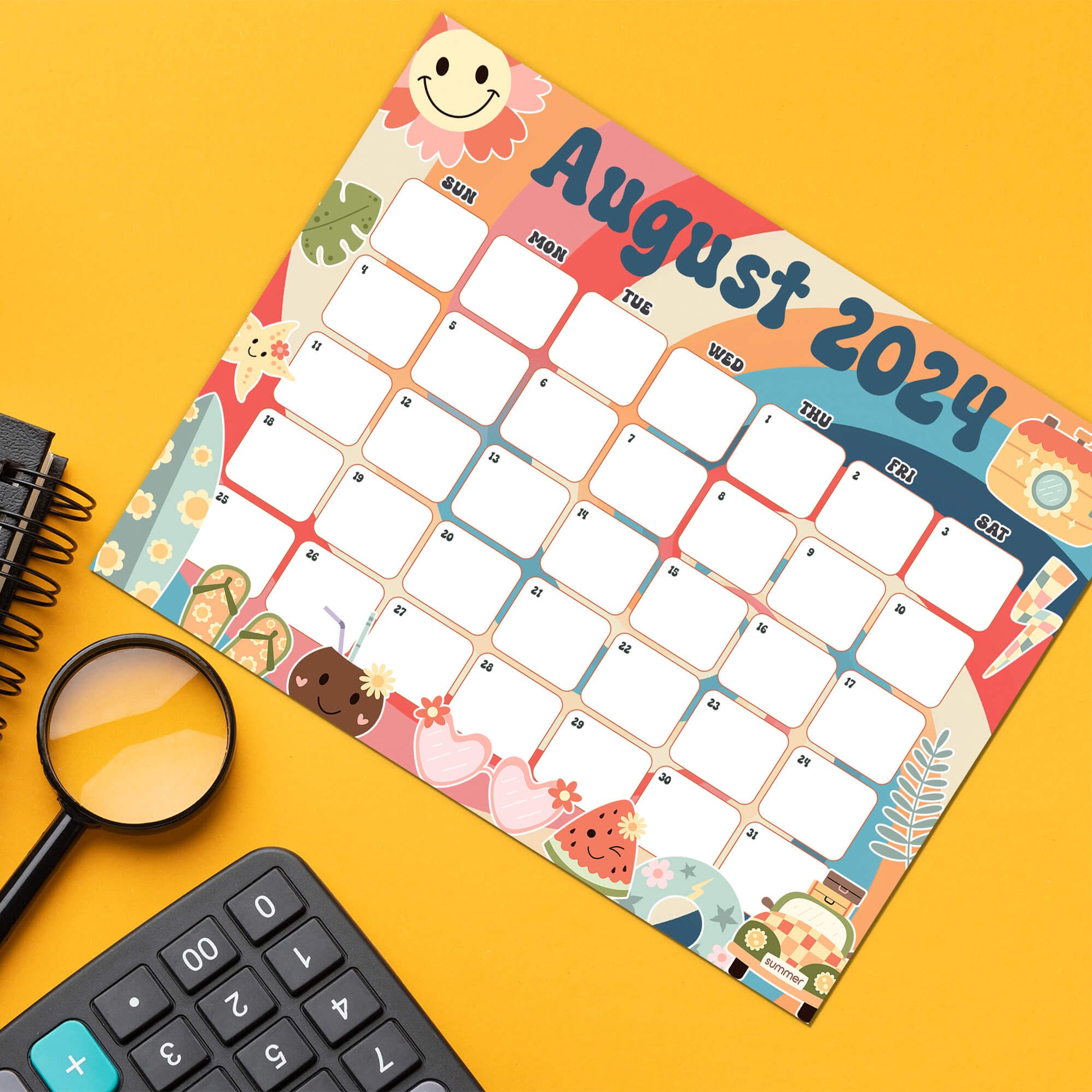 PDF Retro Summer Theme August 2024 Calendar | Printable Vintage Summer ...