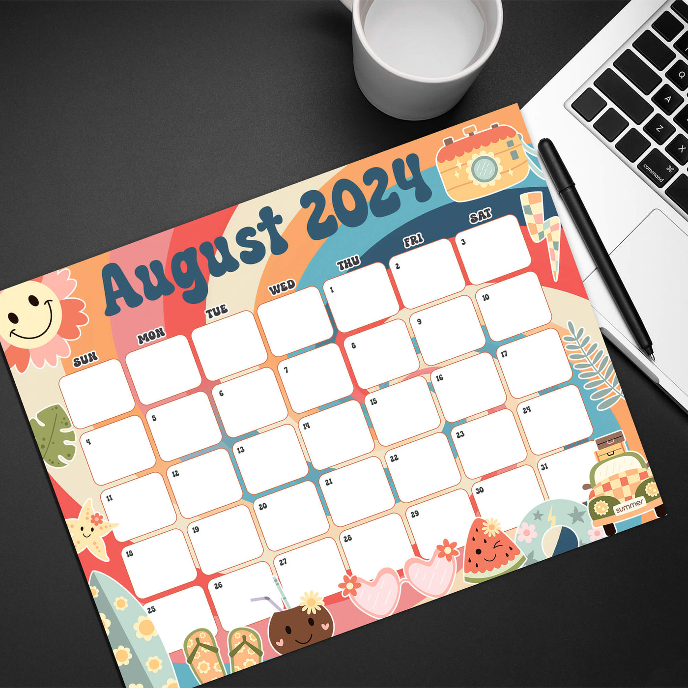 PDF Retro Summer Theme August 2024 Calendar | Printable Vintage Summer ...