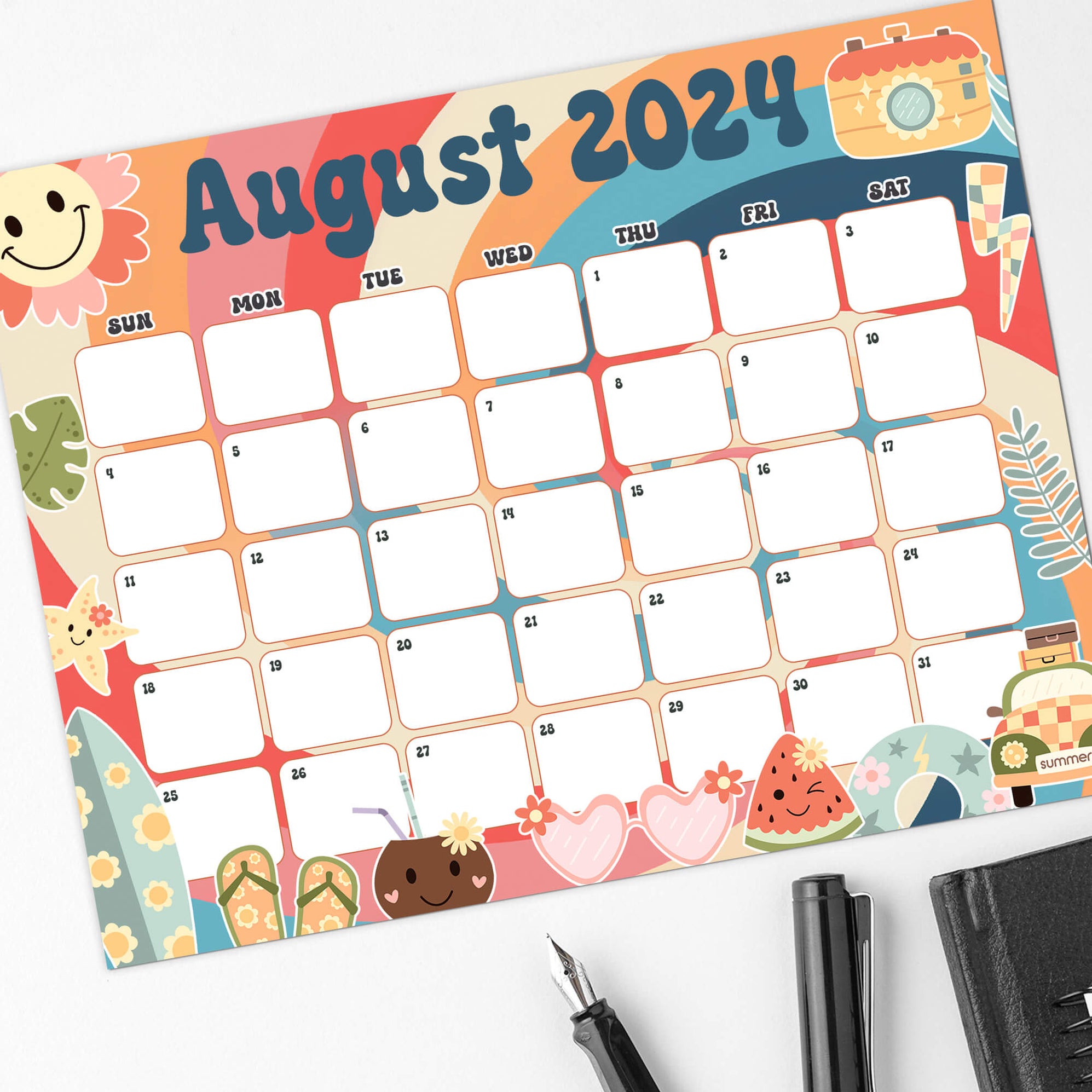 PDF Retro Summer Theme August 2024 Calendar | Printable Vintage Summer ...