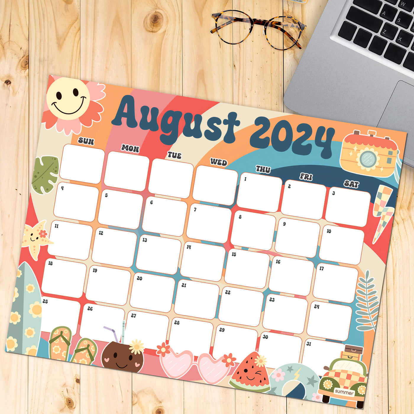 PDF Retro Summer Theme August 2024 Calendar | Printable Vintage Summer ...