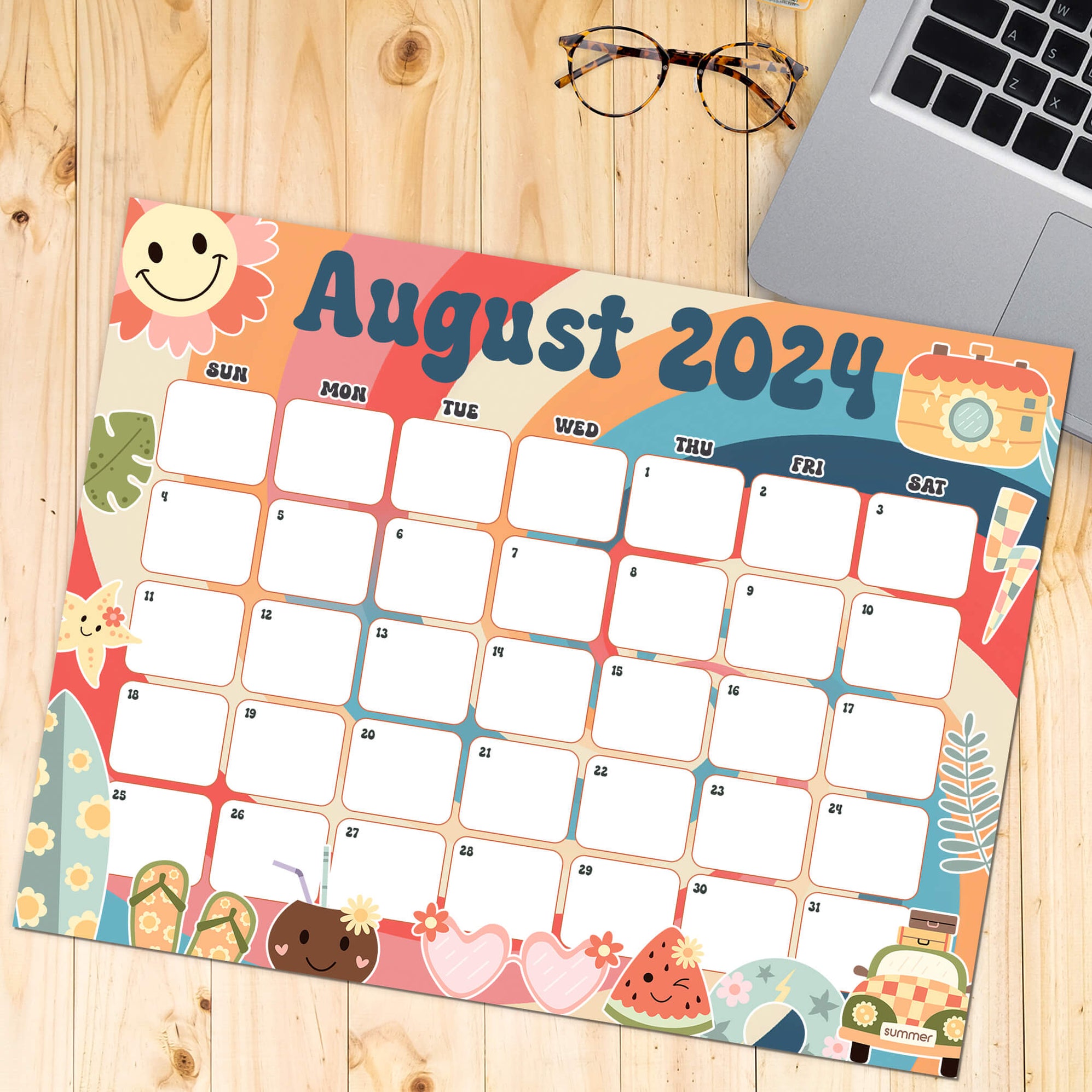 PDF Retro Summer Theme August 2024 Calendar | Printable Vintage Summer ...