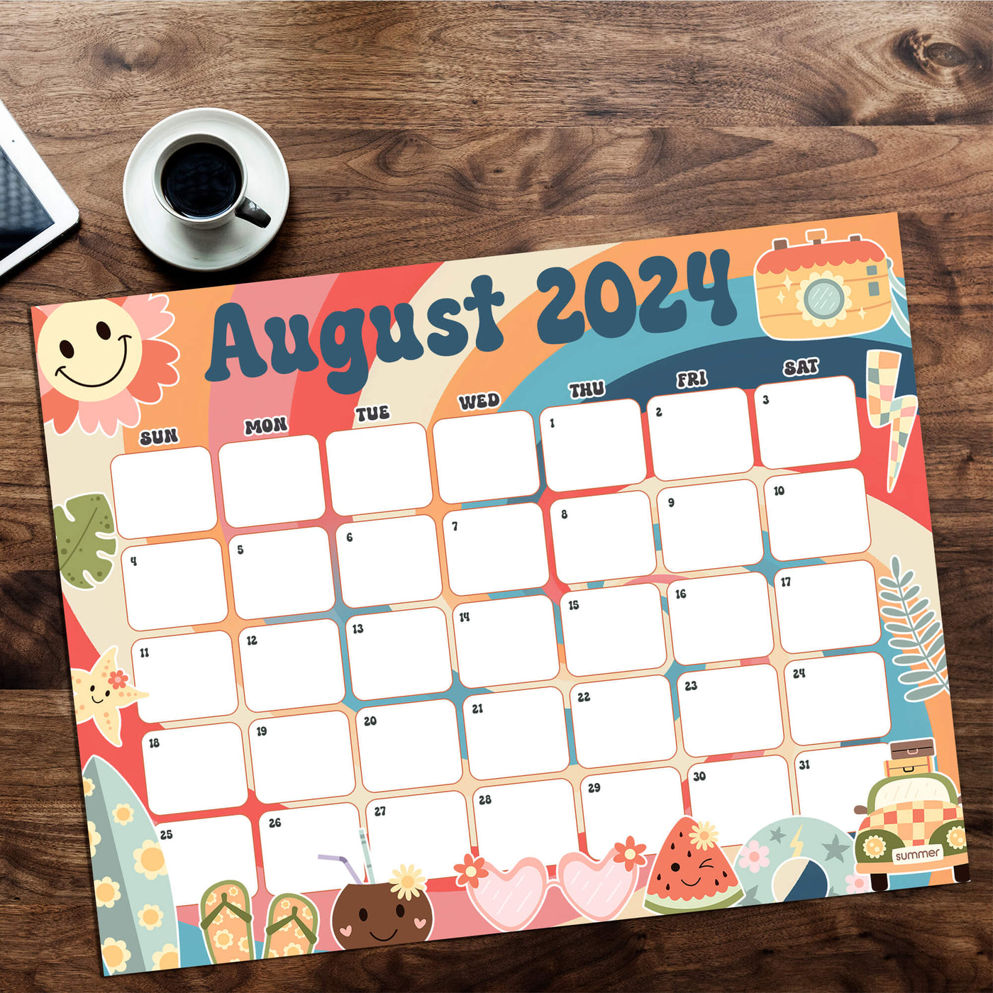 PDF Retro Summer Theme August 2024 Calendar | Printable Vintage Summer ...