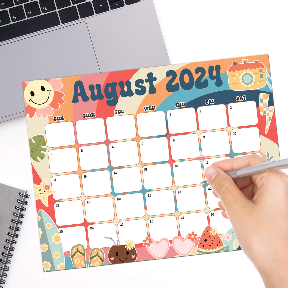 PDF Retro Summer Theme August 2024 Calendar | Printable Vintage Summer ...