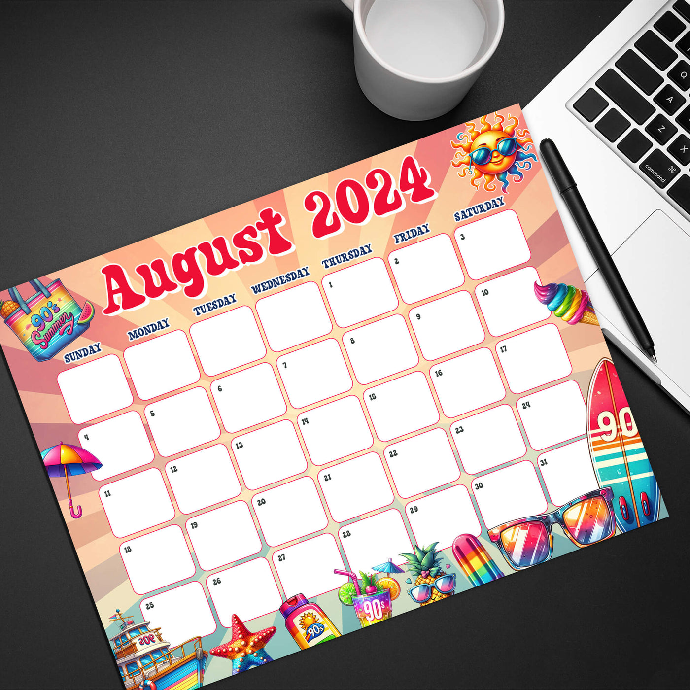 PDF 90's Retro Summer Theme August 2024 Calendar | Printable Vintage ...