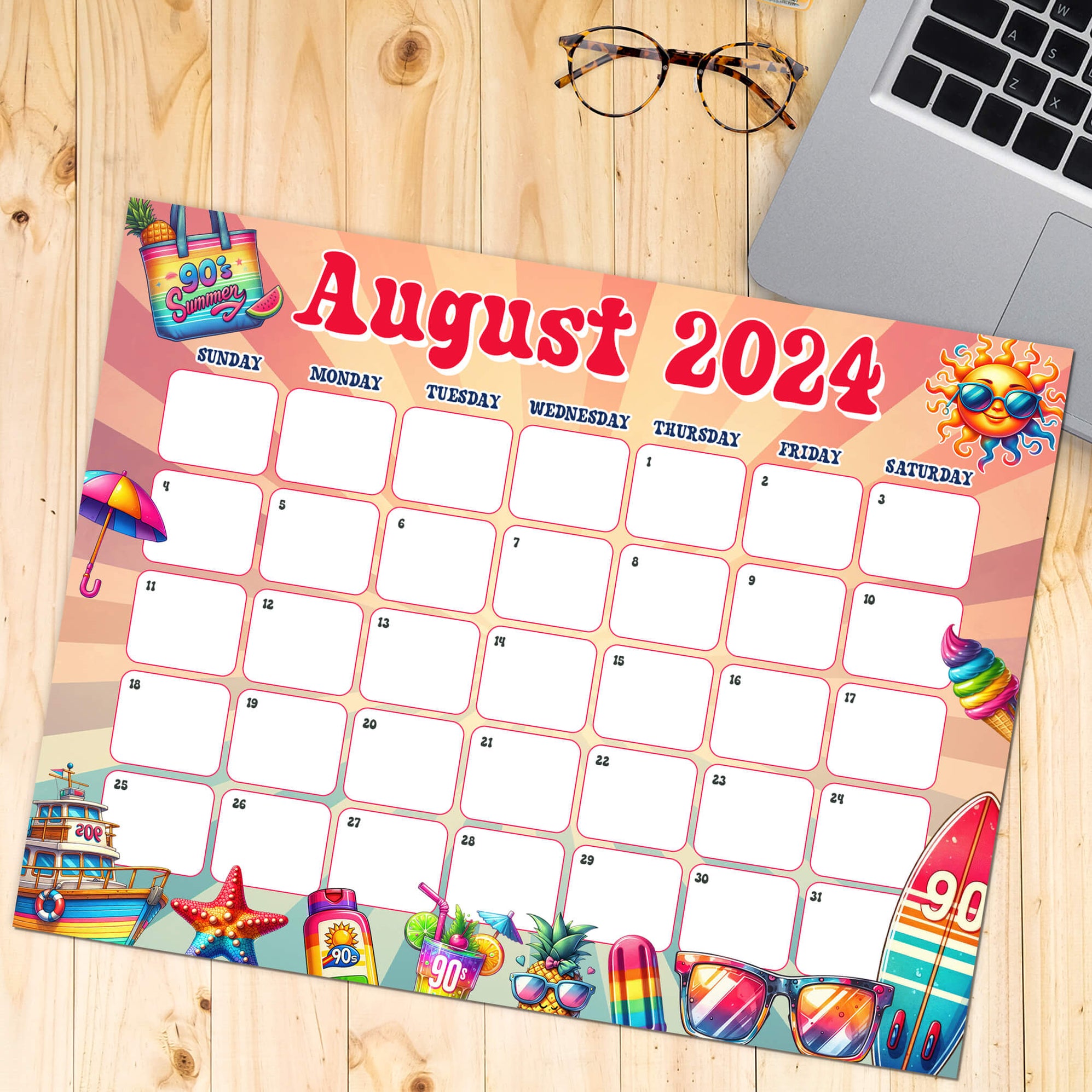 PDF 90's Retro Summer Theme August 2024 Calendar | Printable Vintage ...