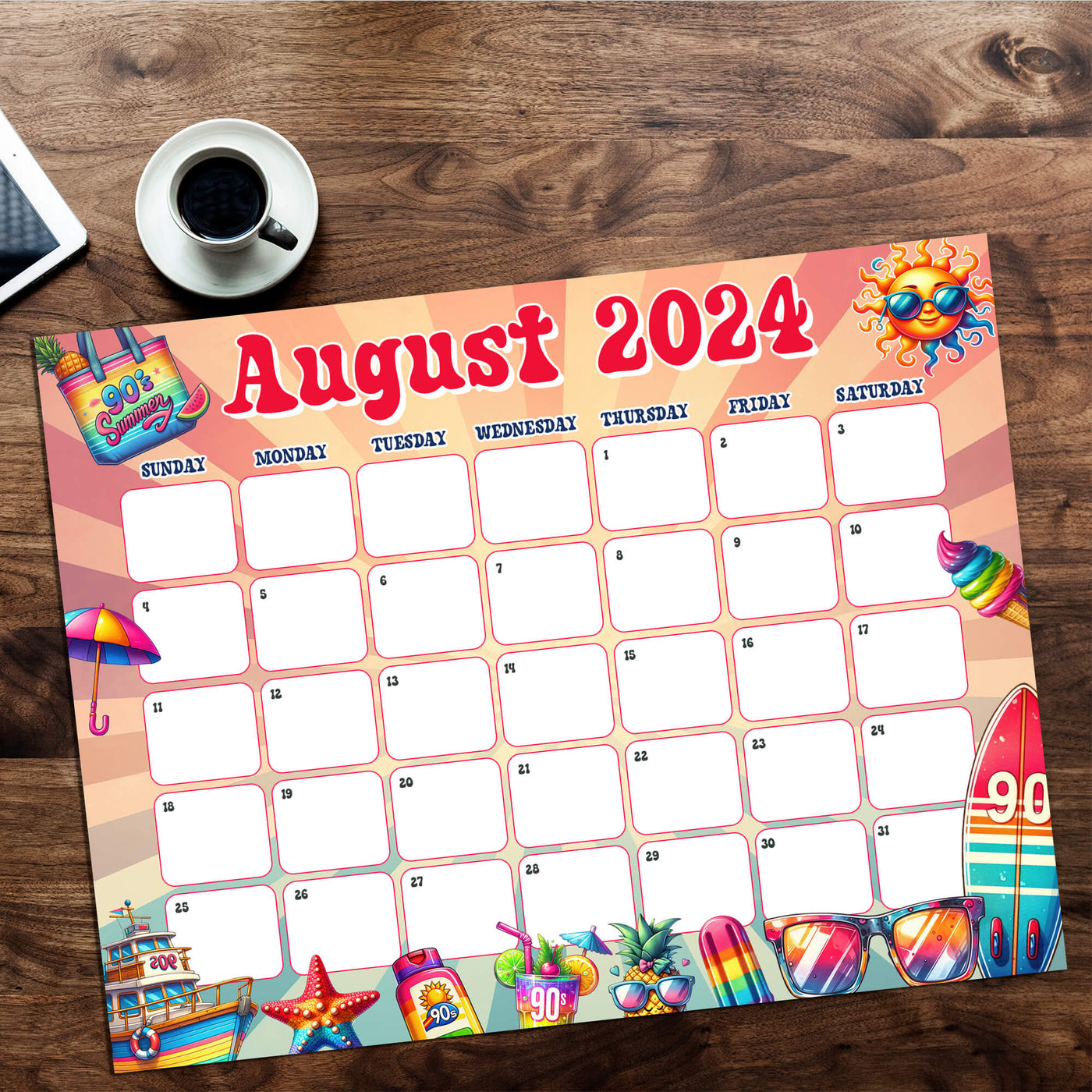PDF 90's Retro Summer Theme August 2024 Calendar | Printable Vintage ...