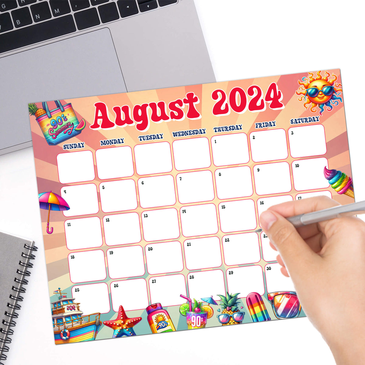 PDF 90's Retro Summer Theme August 2024 Calendar | Printable Vintage ...