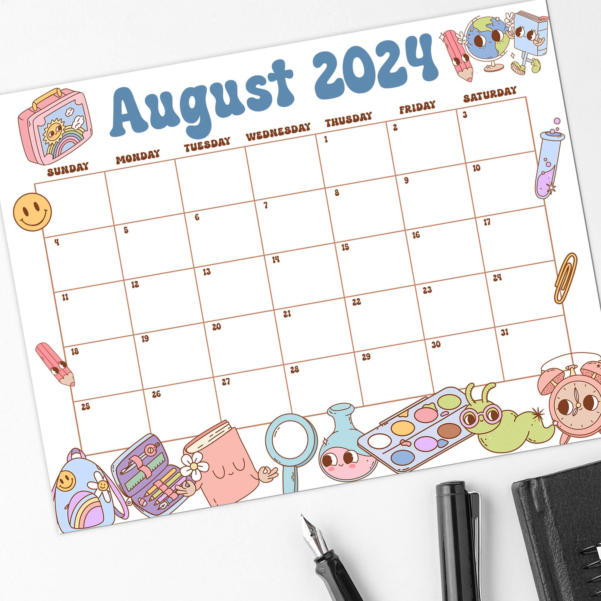 PDF Back To School Retro Vibe August 2024 Calendar | Printable Classic ...