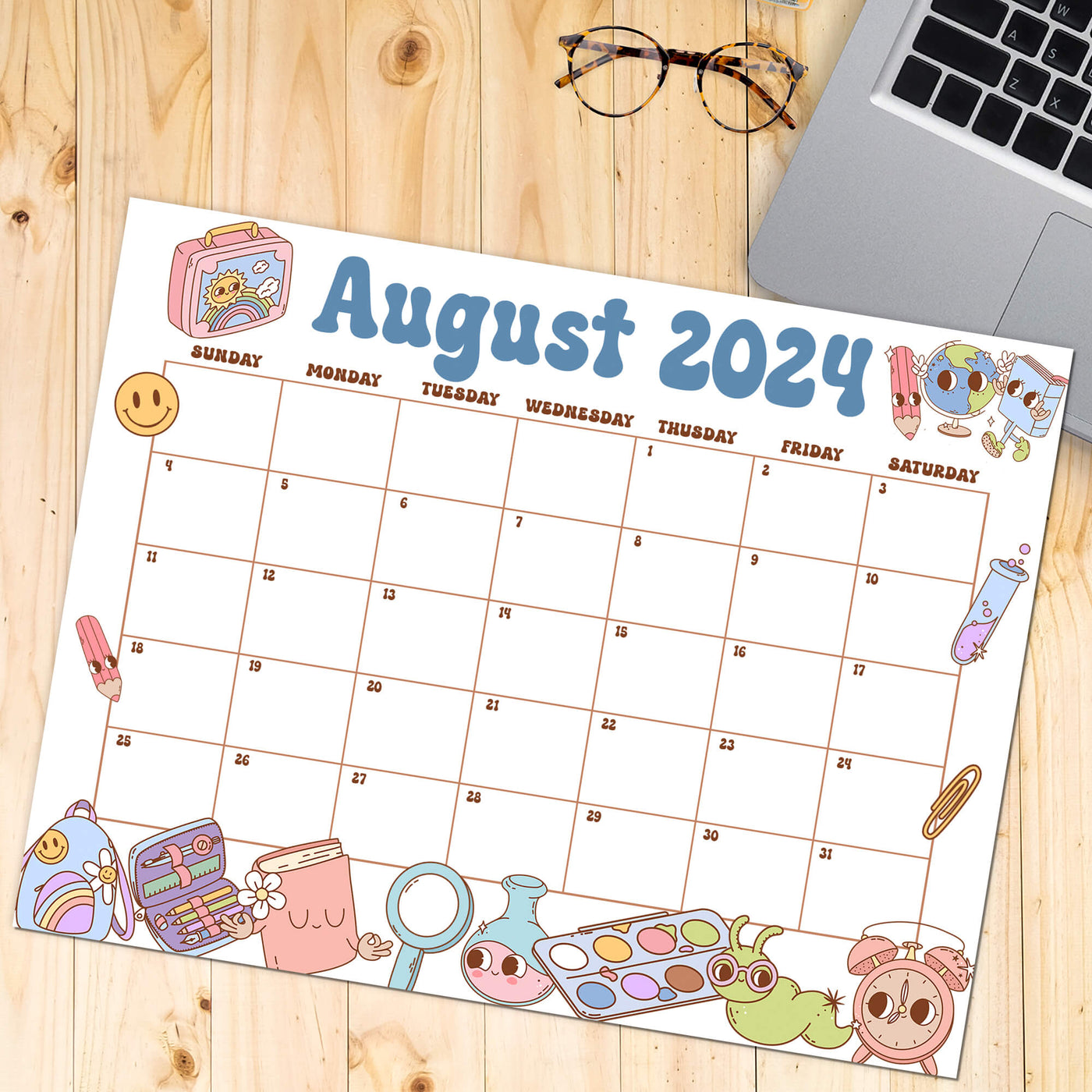 PDF Back To School Retro Vibe August 2024 Calendar | Printable Classic ...