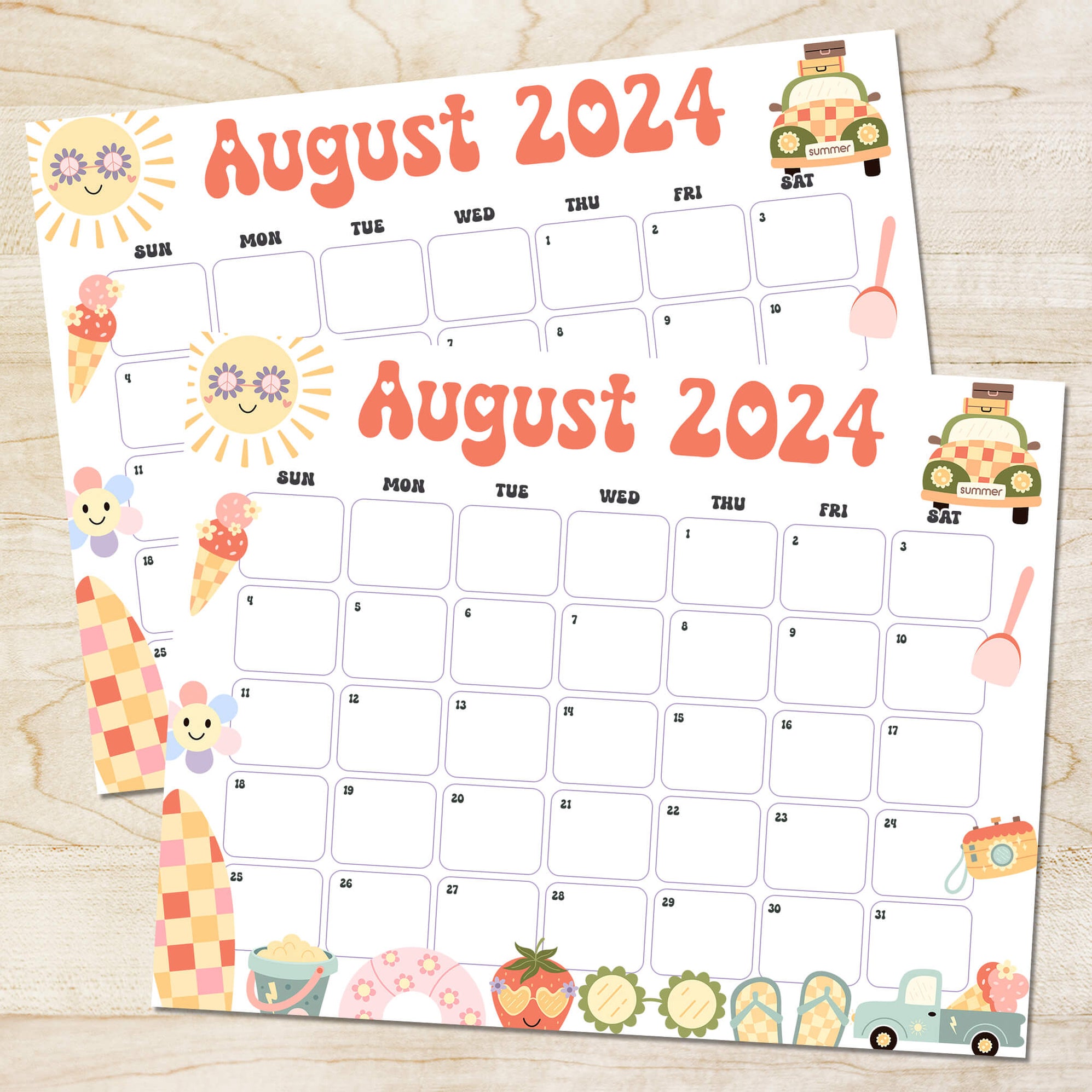 PDF Cute Retro Summer Vibe Theme August 2024 Calendar | Printable Vint ...
