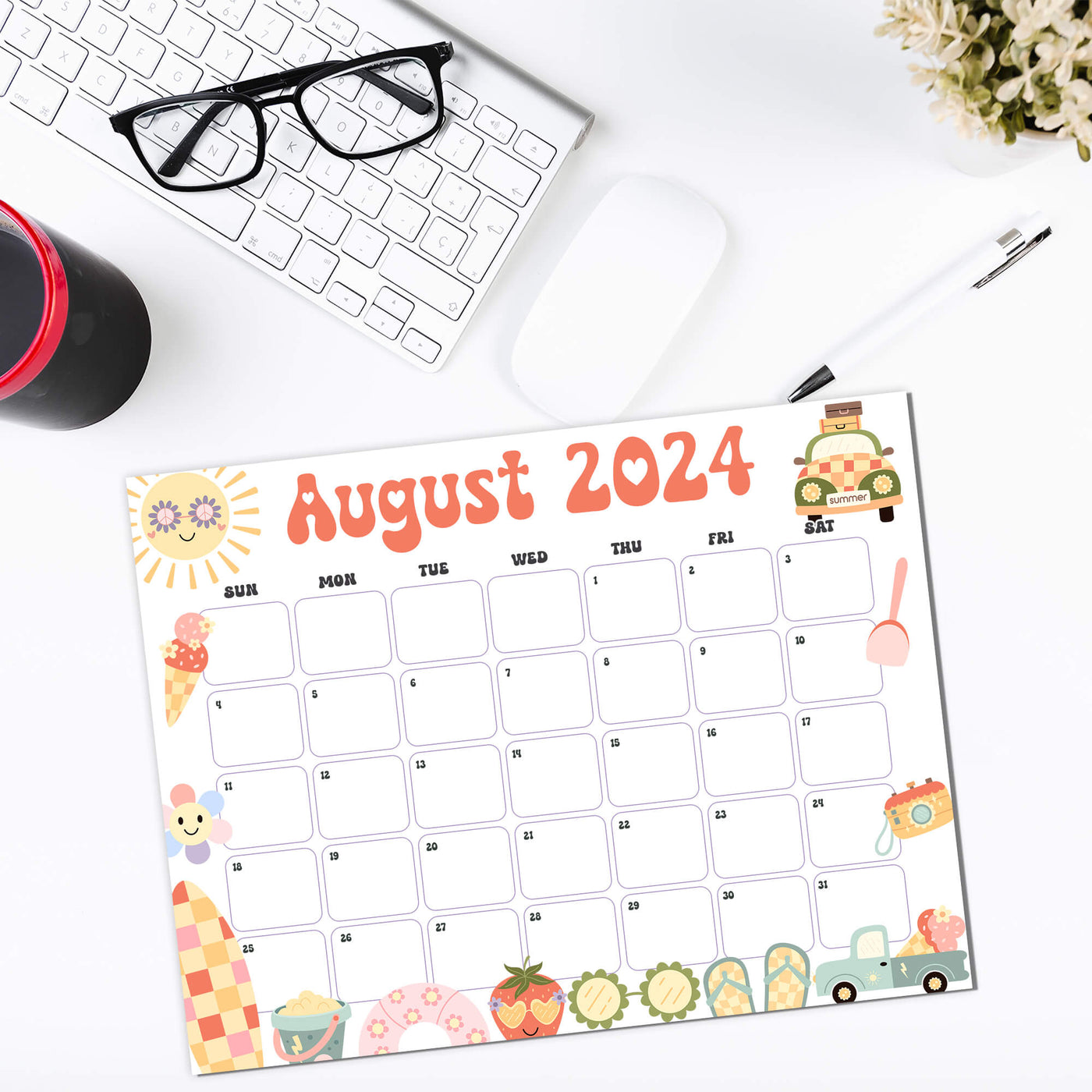 PDF Cute Retro Summer Vibe Theme August 2024 Calendar | Printable Vint ...
