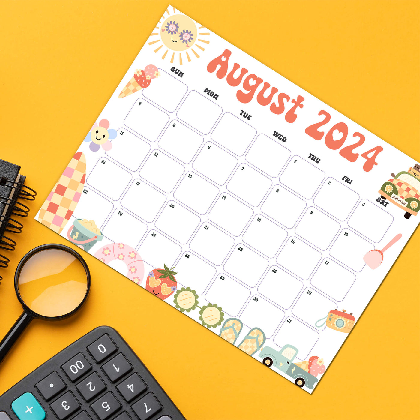 PDF Cute Retro Summer Vibe Theme August 2024 Calendar | Printable Vint ...