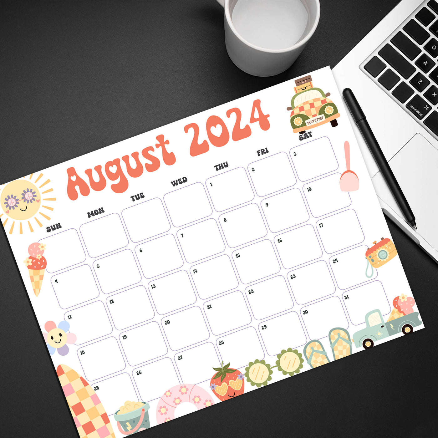 PDF Cute Retro Summer Vibe Theme August 2024 Calendar | Printable Vint ...