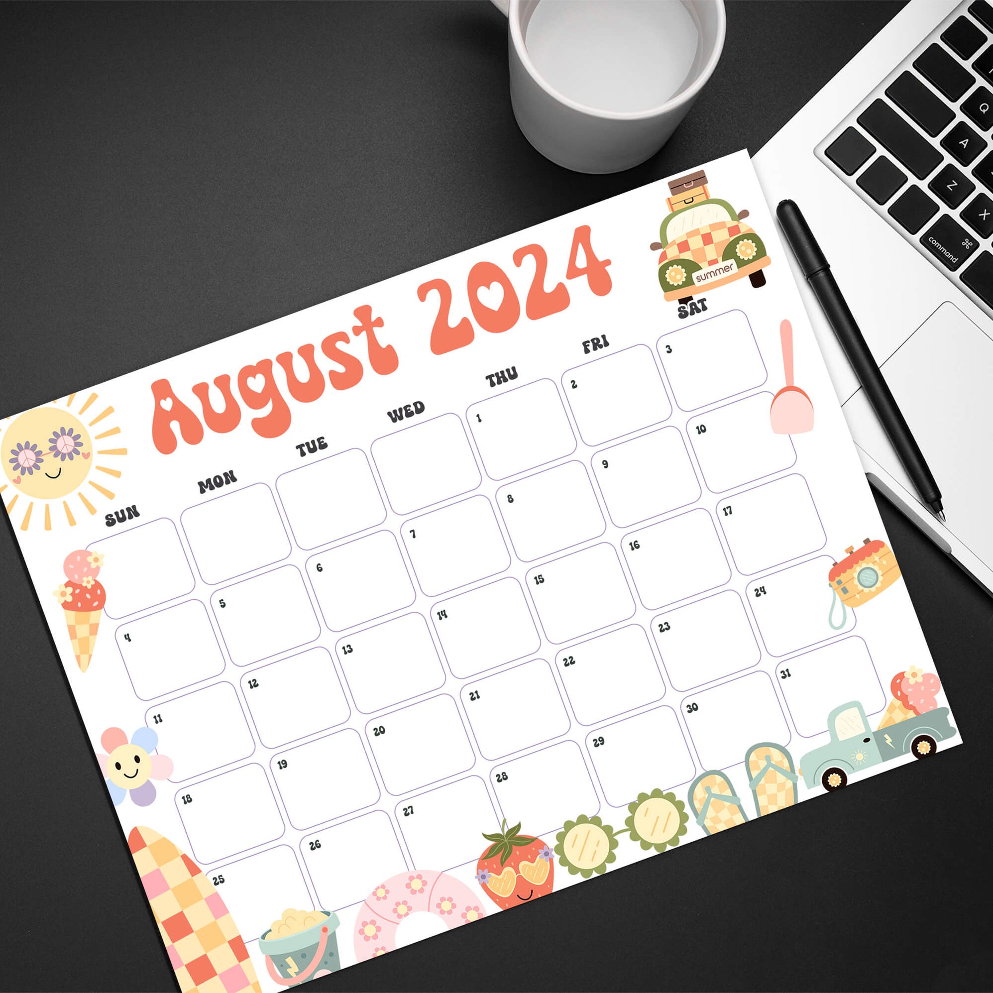 PDF Cute Retro Summer Vibe Theme August 2024 Calendar | Printable Vint ...