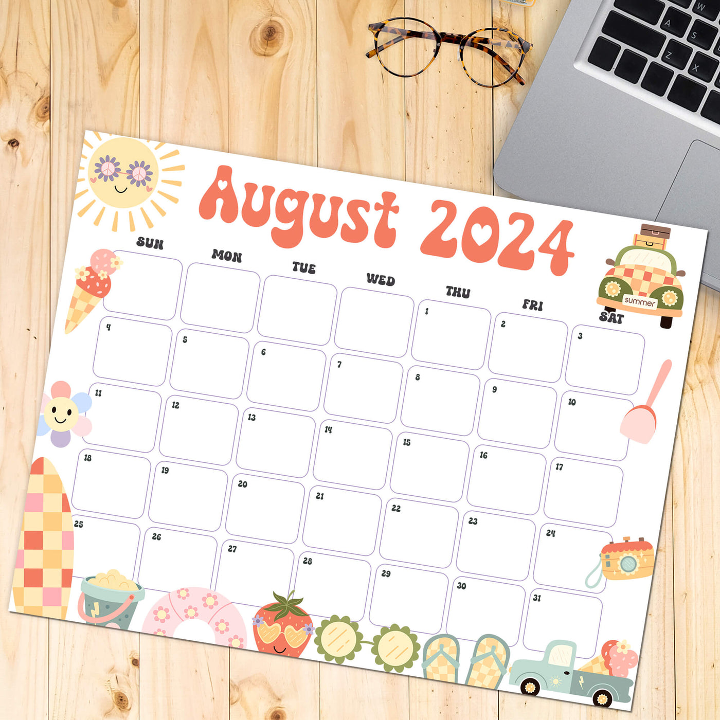PDF Cute Retro Summer Vibe Theme August 2024 Calendar | Printable Vint ...