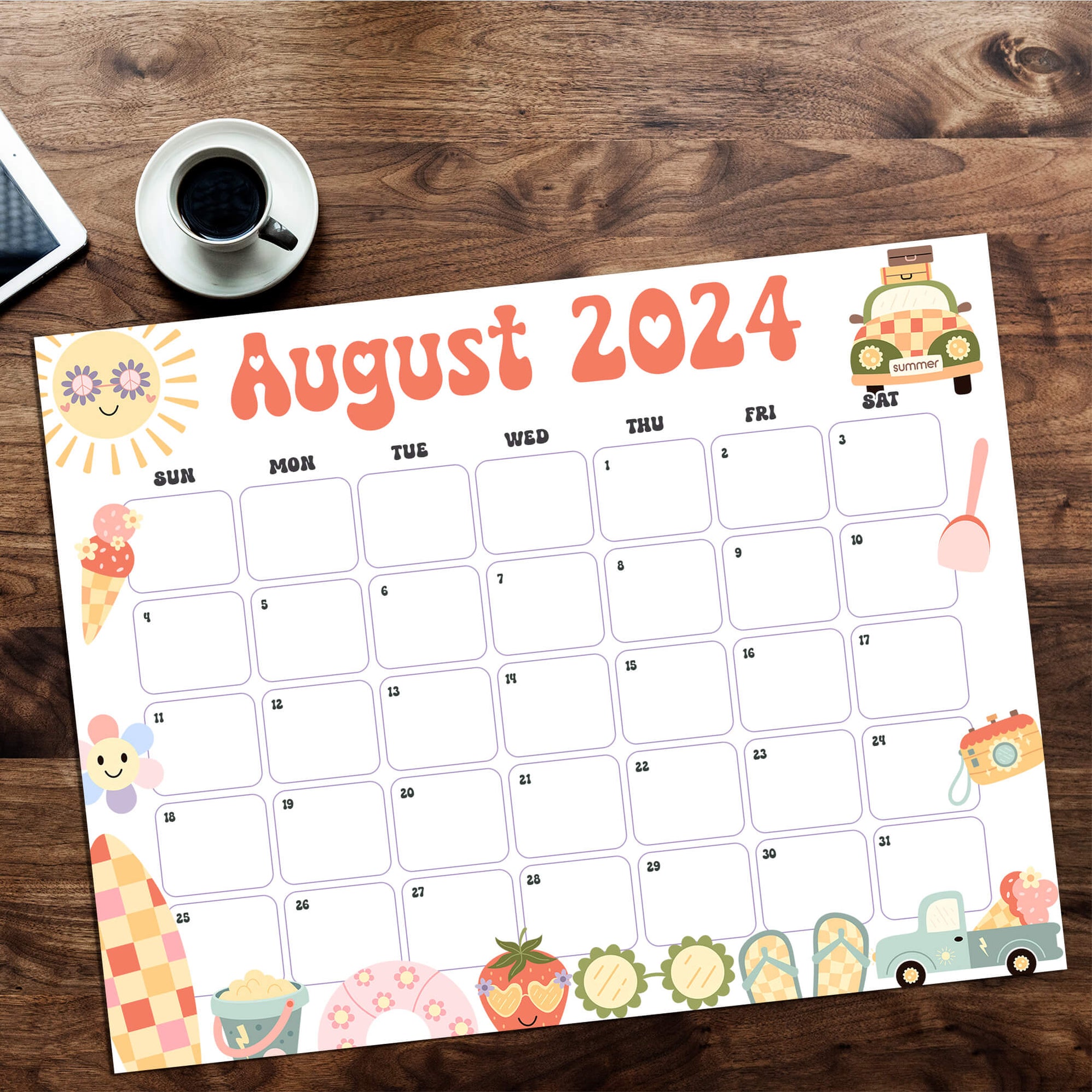 PDF Cute Retro Summer Vibe Theme August 2024 Calendar | Printable Vint ...