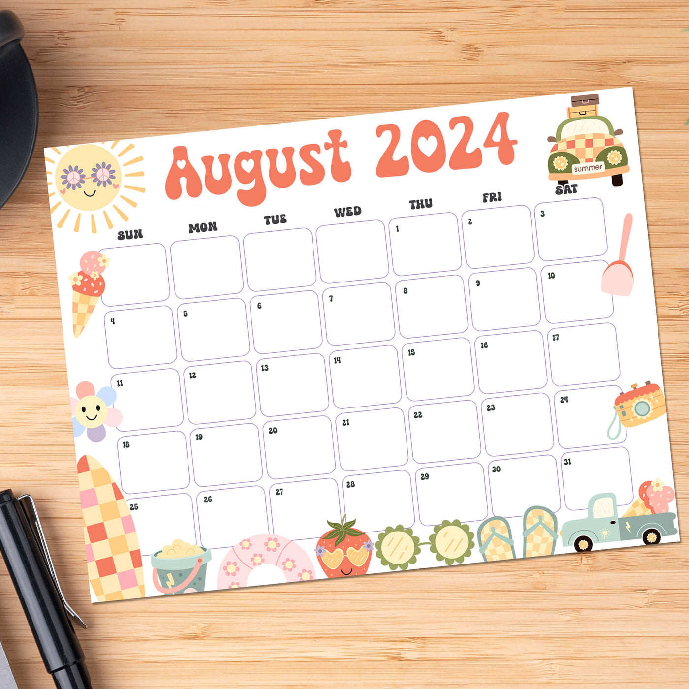 PDF Cute Retro Summer Vibe Theme August 2024 Calendar | Printable Vint ...